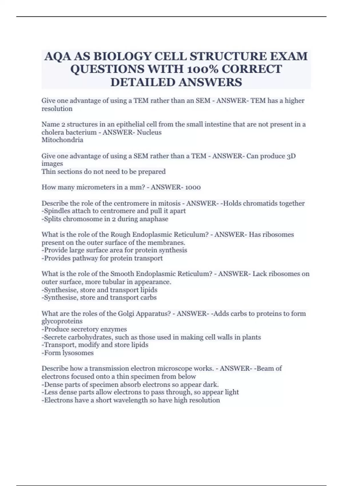 AQA AS BIOLOGY CELL STRUCTURE EXAM QUESTIONS WITH 100% CORRECT DETAILED ...