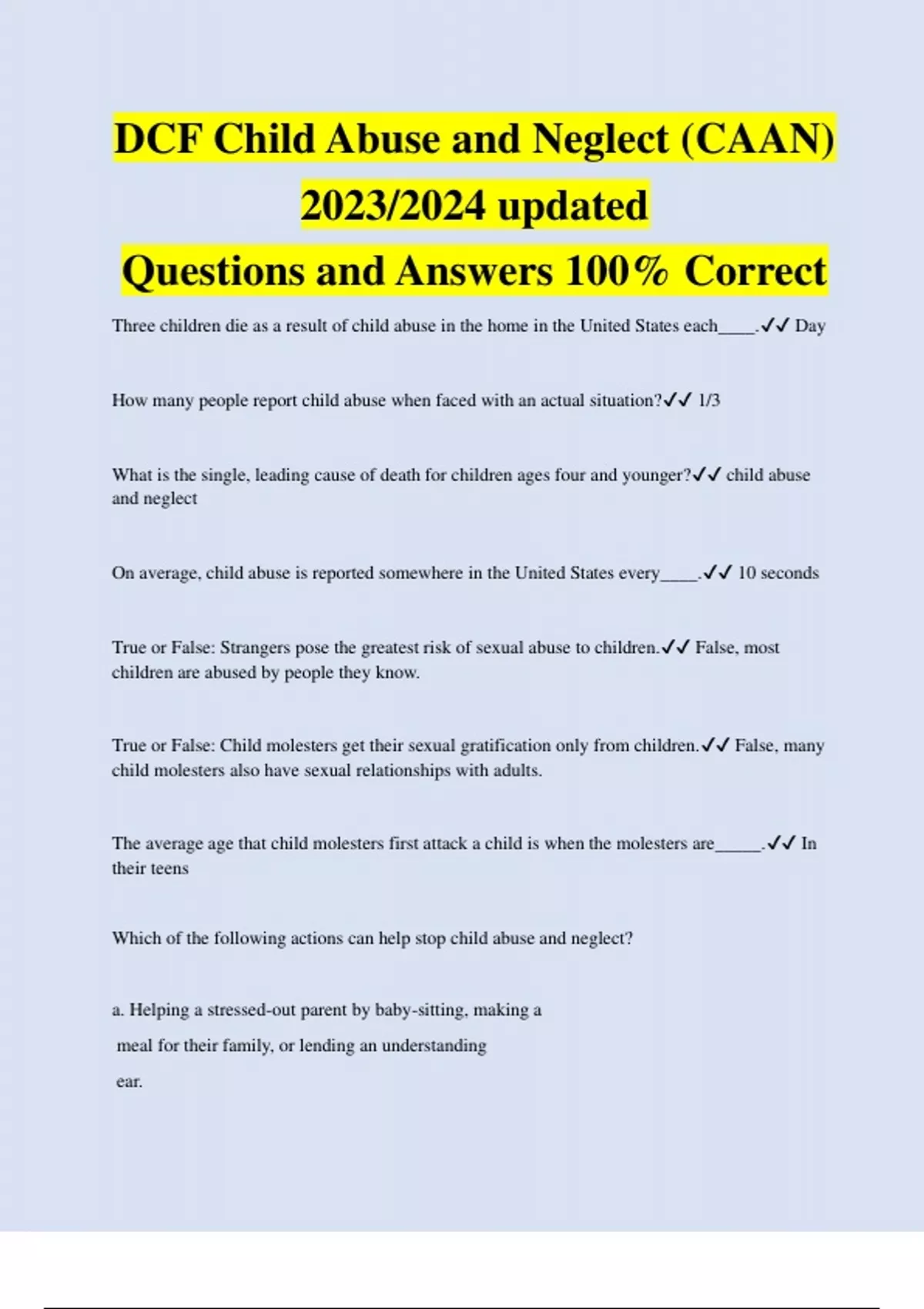 DCF Child Abuse and Neglect (CAAN) 2023/2024 updated Questions and ...