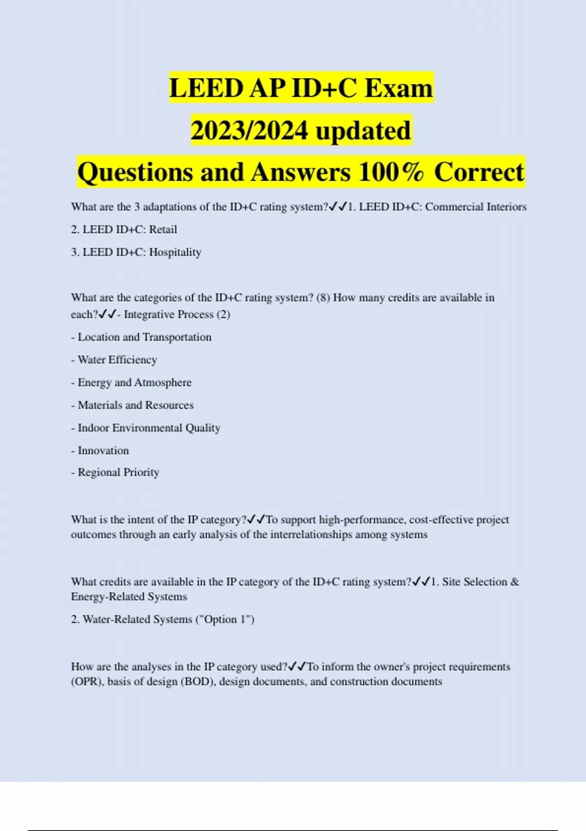 LEED AP ID+C Exam 2023/2024 updated Questions and Answers 100% Correct ...
