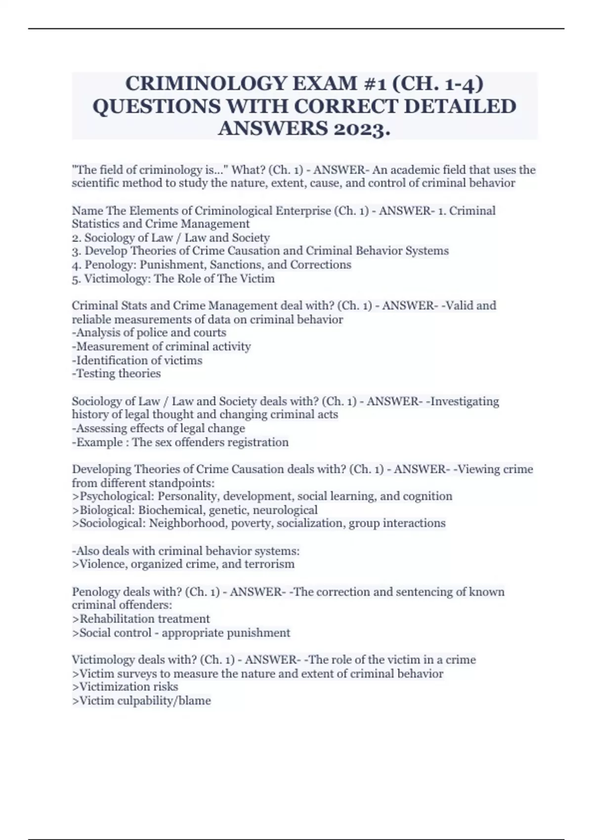 CRIMINOLOGY EXAM #1 (CH. 1-4) QUESTIONS WITH CORRECT DETAILED ANSWERS ...