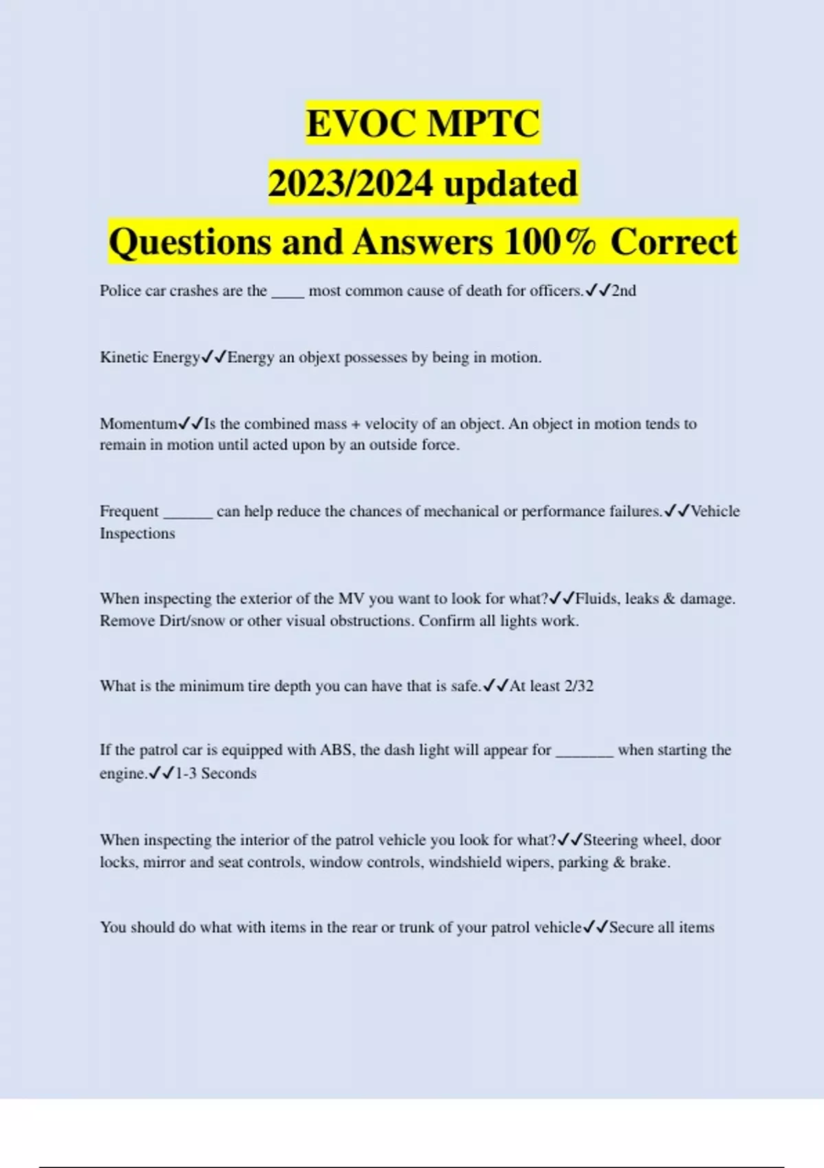 EVOC MPTC 2023 2024 Updated Questions And Answers 100 Correct EVOC EVOC MPTC 2023 2024 Updated Questions And Answers 100 Correct EVOC