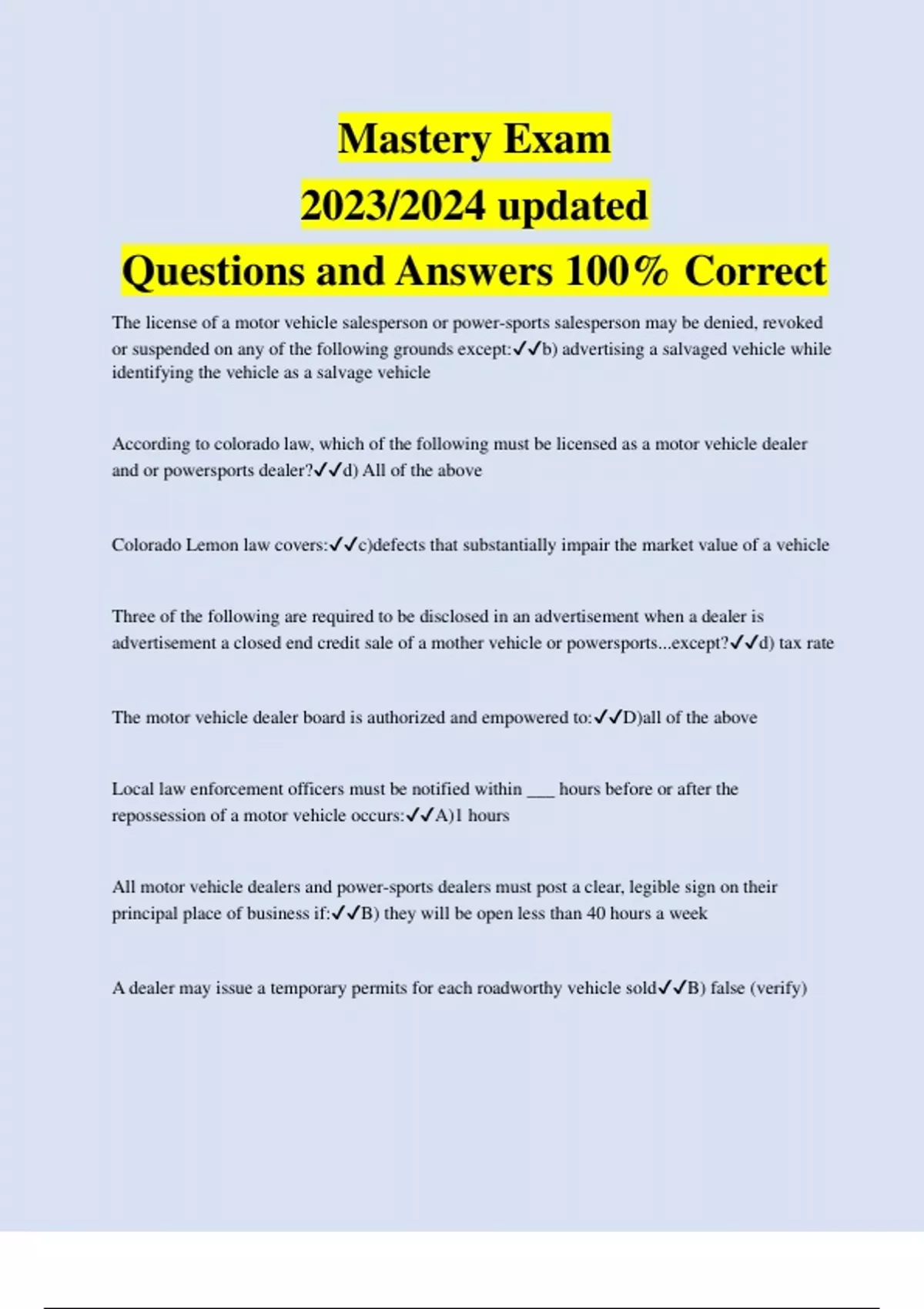 Mastery Exam 2023/2024 updated Questions and Answers 100% Correct ...