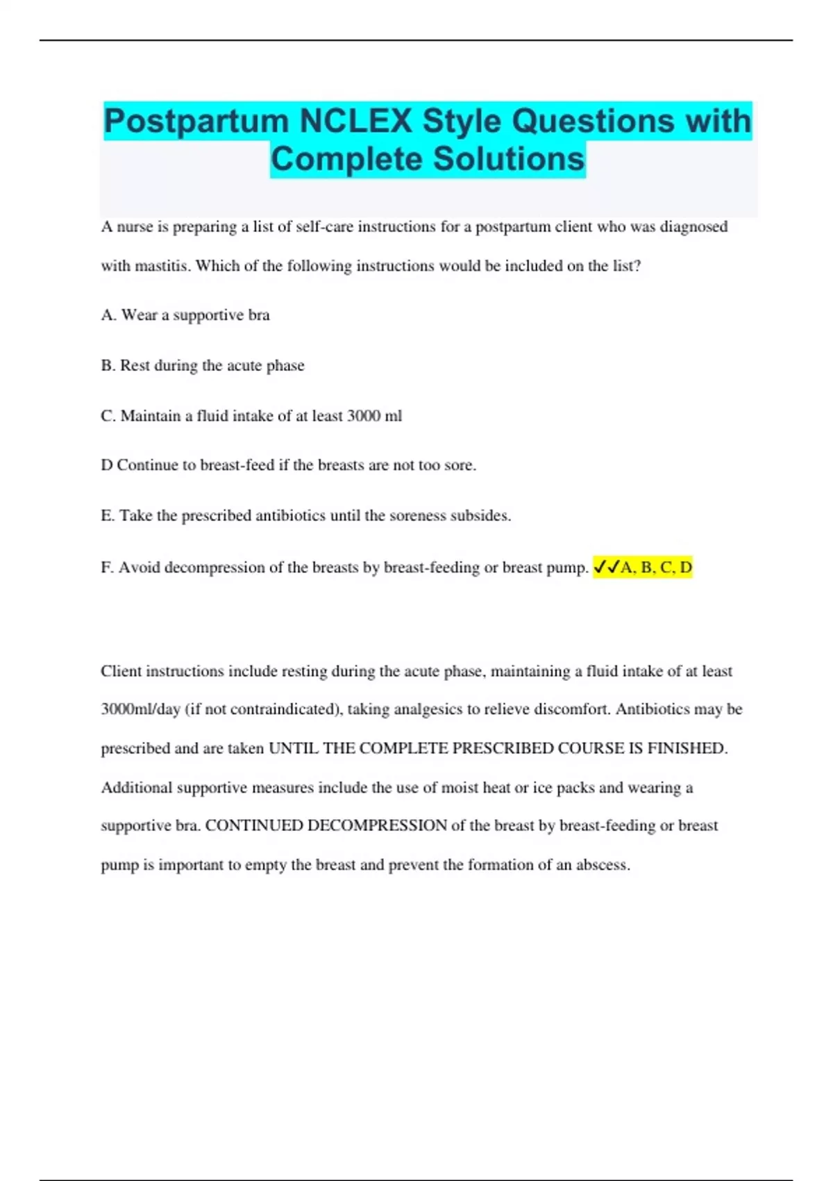 Postpartum NCLEX Style Questions with Complete Solutions - Postpartum ...