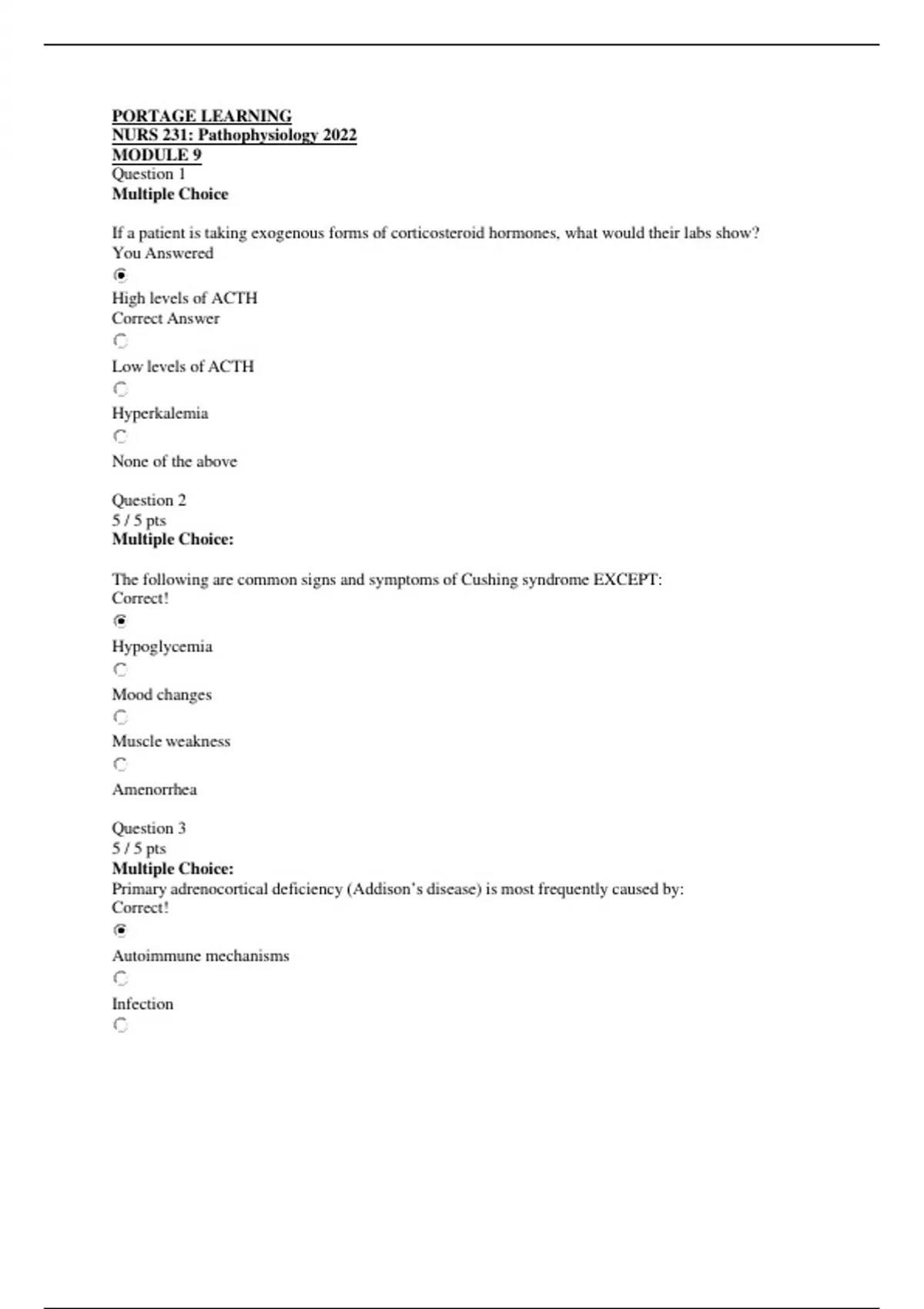 PORTAGE LEARNING NURS 231: Pathophysiology 2022 MODULE 9 Question 1 ...