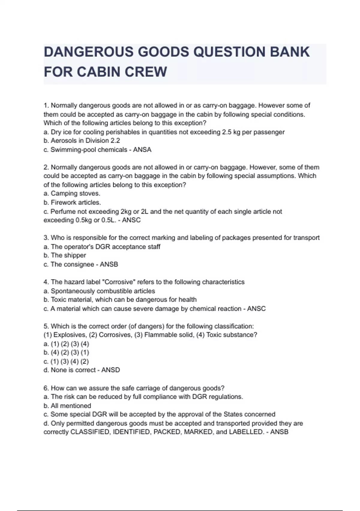 DANGEROUS GOODS QUESTION BANK FOR CABIN CREW 2024/2025 already graded ...