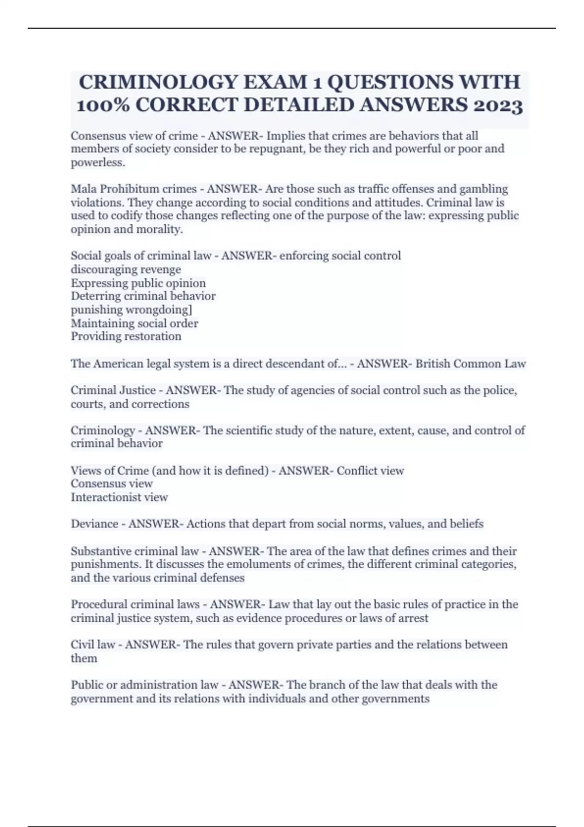 CRIMINOLOGY EXAM 1 QUESTIONS WITH 100% CORRECT DETAILED ANSWERS 2023 ...