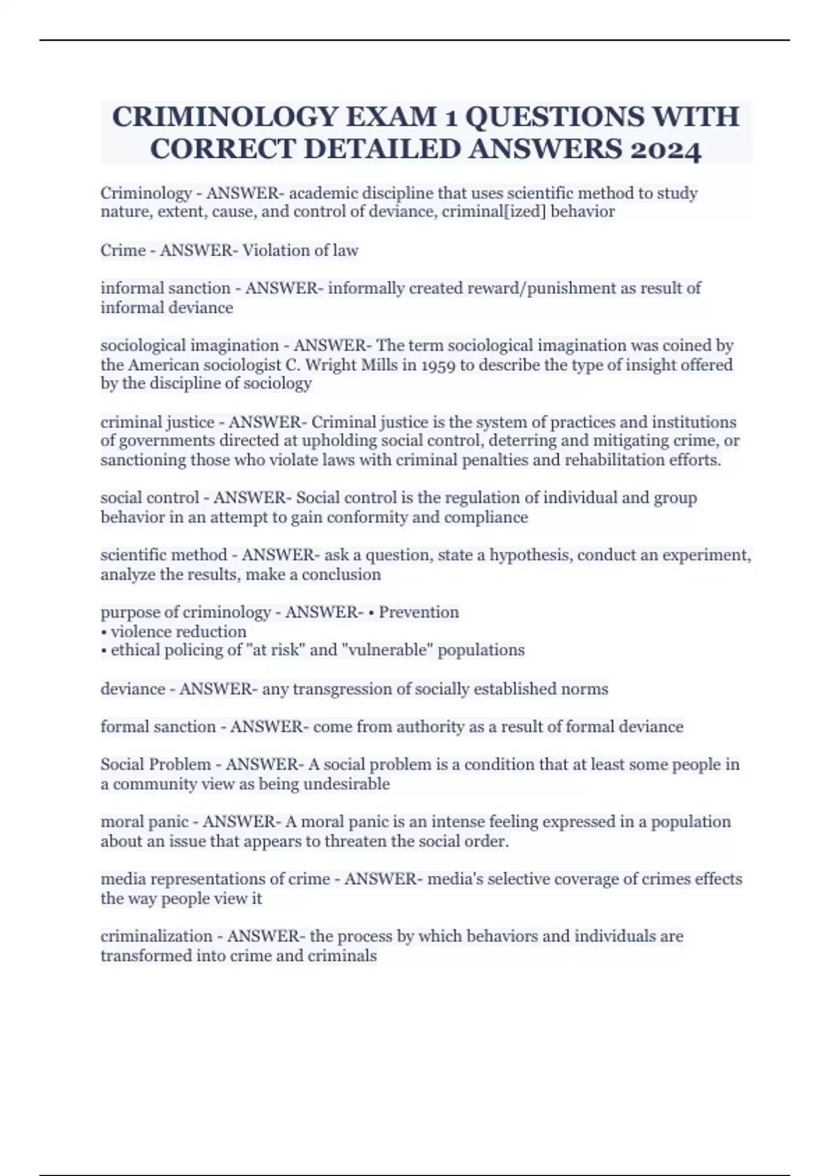 CRIMINOLOGY EXAM 1 QUESTIONS WITH CORRECT DETAILED ANSWERS 2024 ...