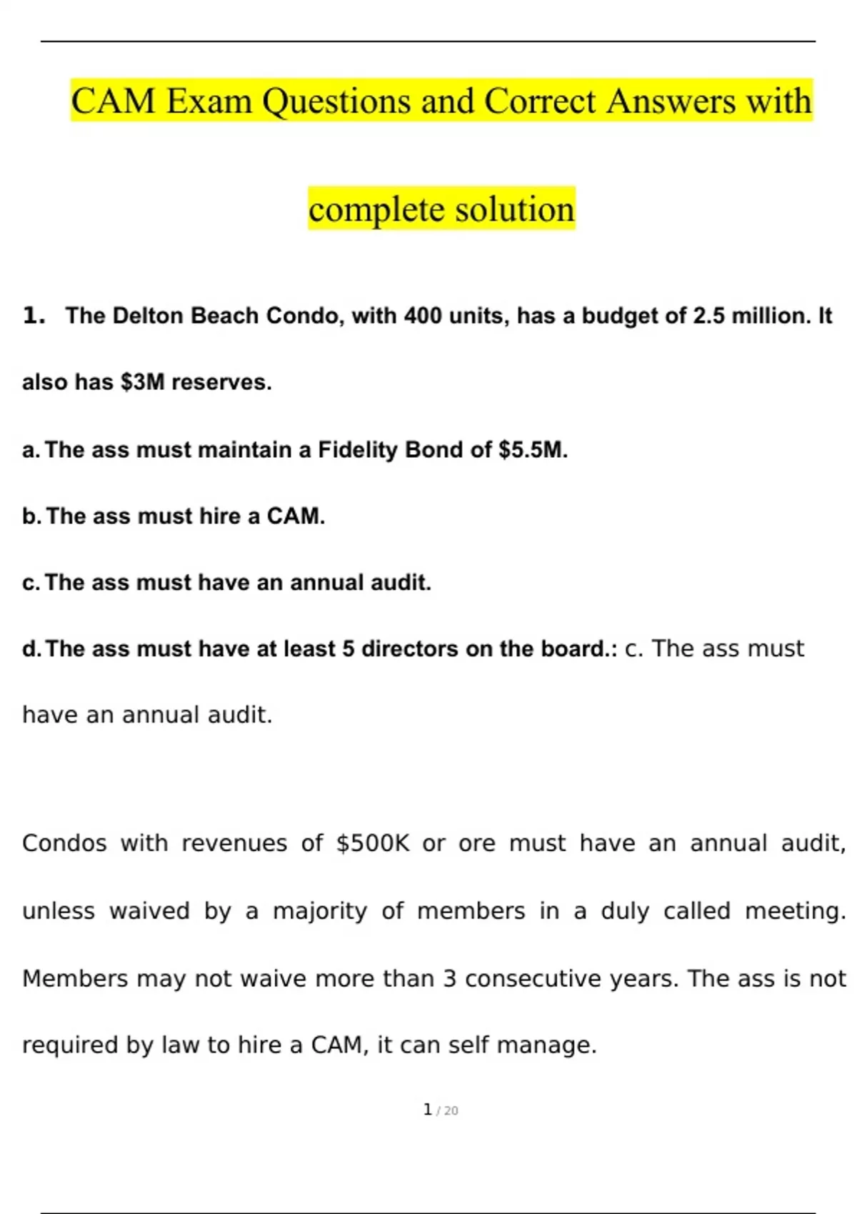 CAM Exam Questions with correct Answers - FL CAM License - Stuvia US