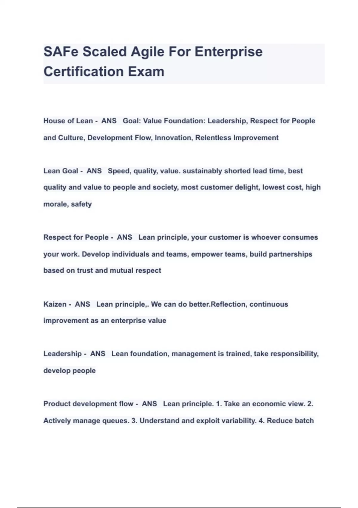 Safe Scaled Agile For Enterprise Certification Exam Questions And Answers 2024 A Graded 100