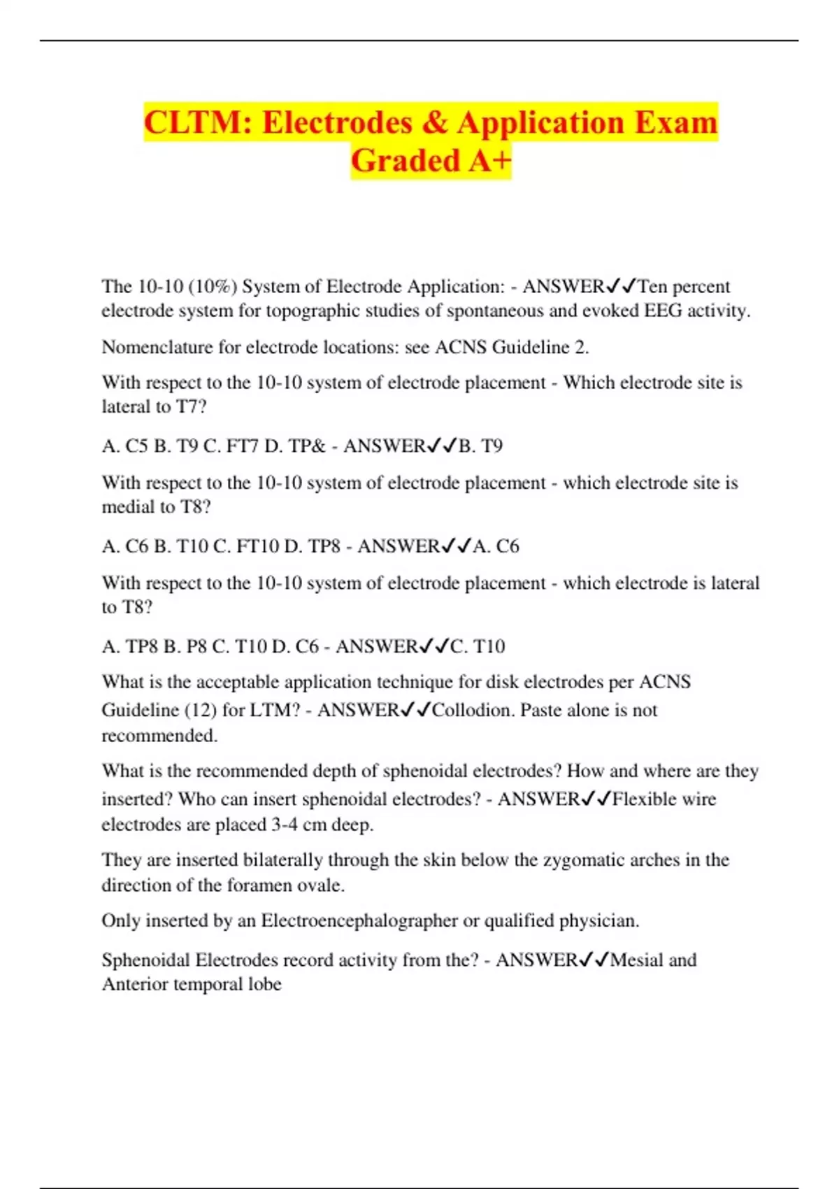 CLTM: Electrodes & Application Exam Graded A+ - Cltm - Stuvia US