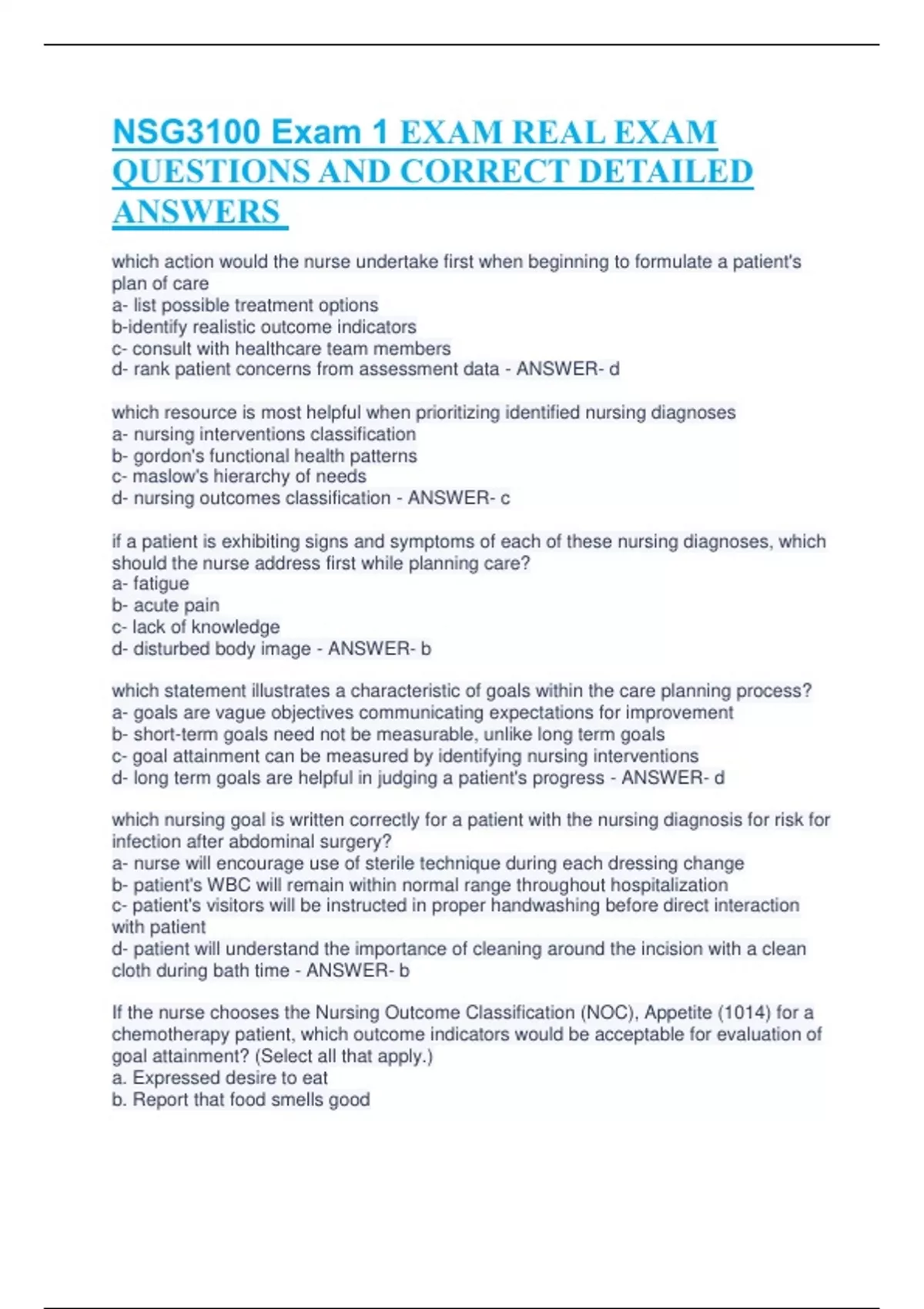 NSG3100 Exam 1 EXAM REAL EXAM QUESTIONS AND CORRECT DETAILED ANSWERS ...