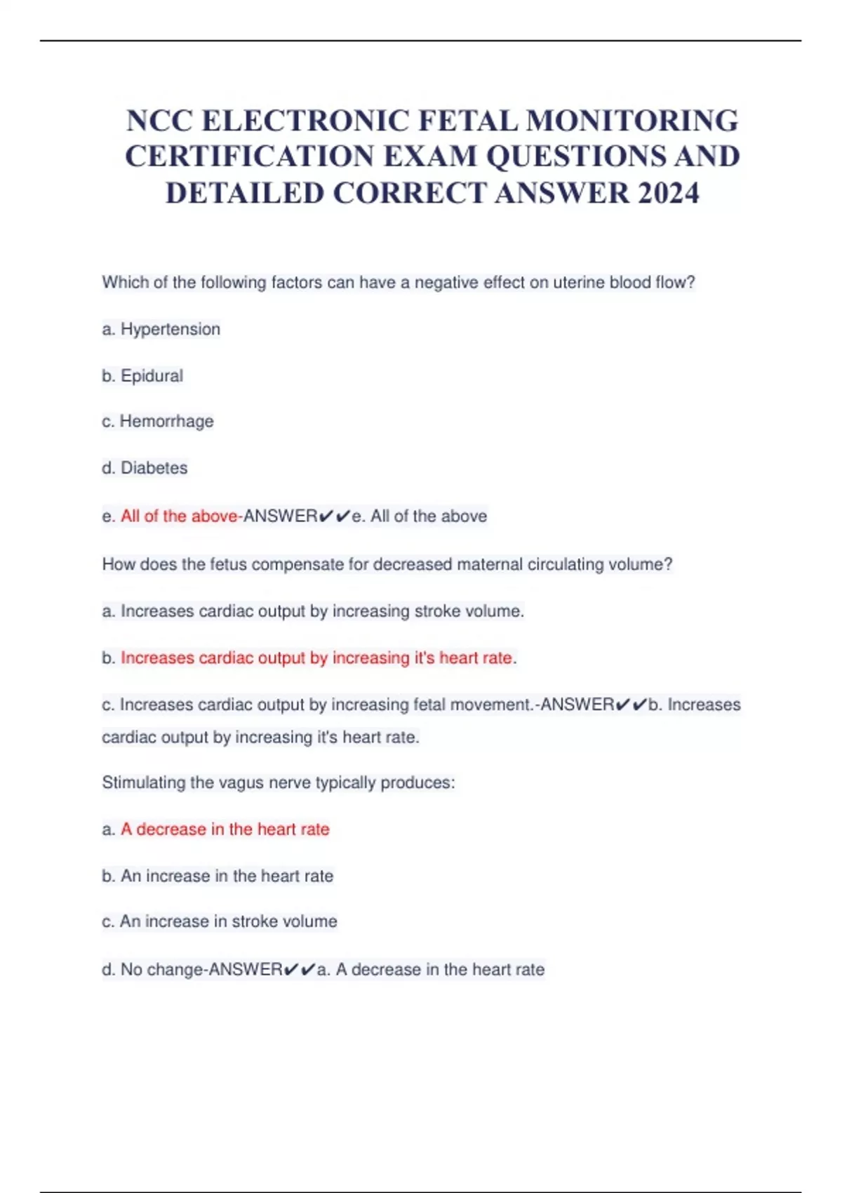 NCC ELECTRONIC FETAL MONITORING CERTIFICATION EXAM QUESTIONS AND DETAILED CORRECT ANSWER 2024 ...