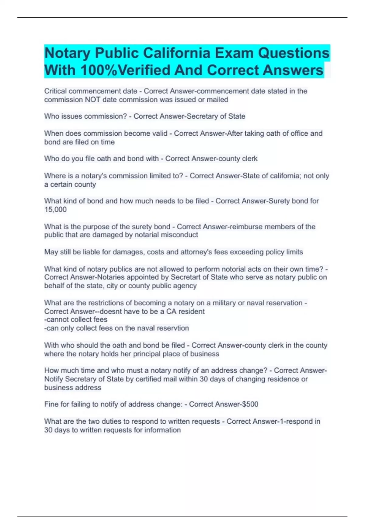 Notary Public California Exam Questions With 100%Verified And Correct ...