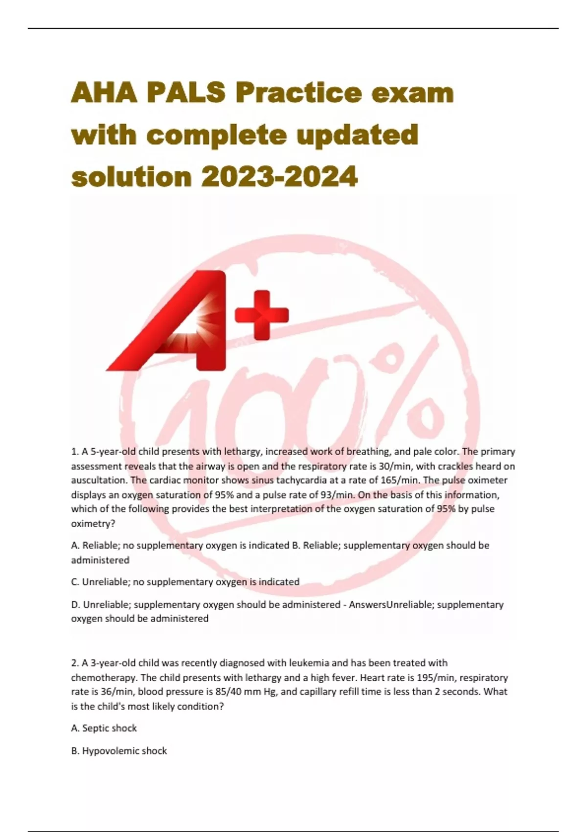 AHA PALS Practice exam with complete updated solution - AHA PALS ...