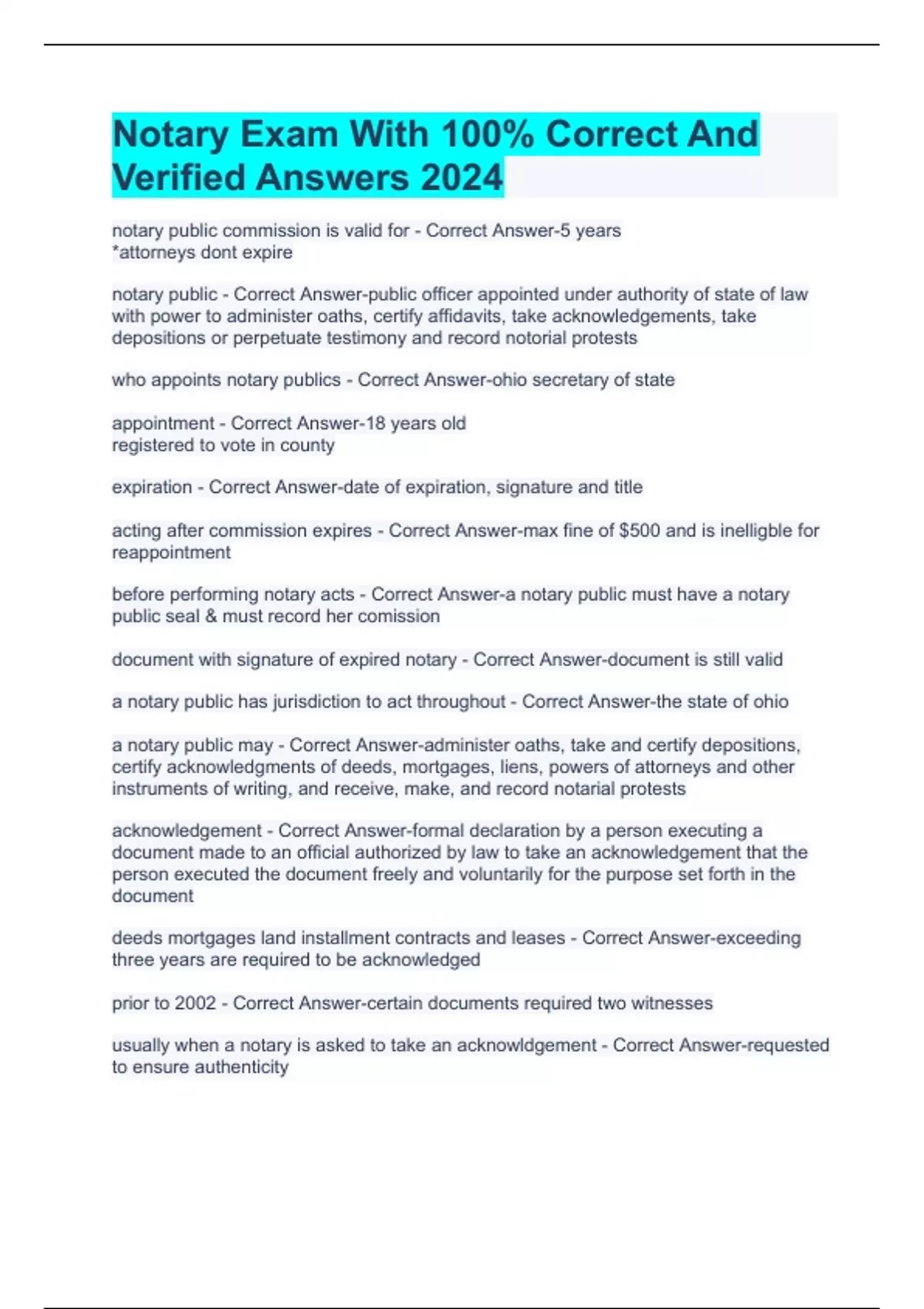 Notary Exam With 100% Correct And Verified Answers 2024 - Notary public ...