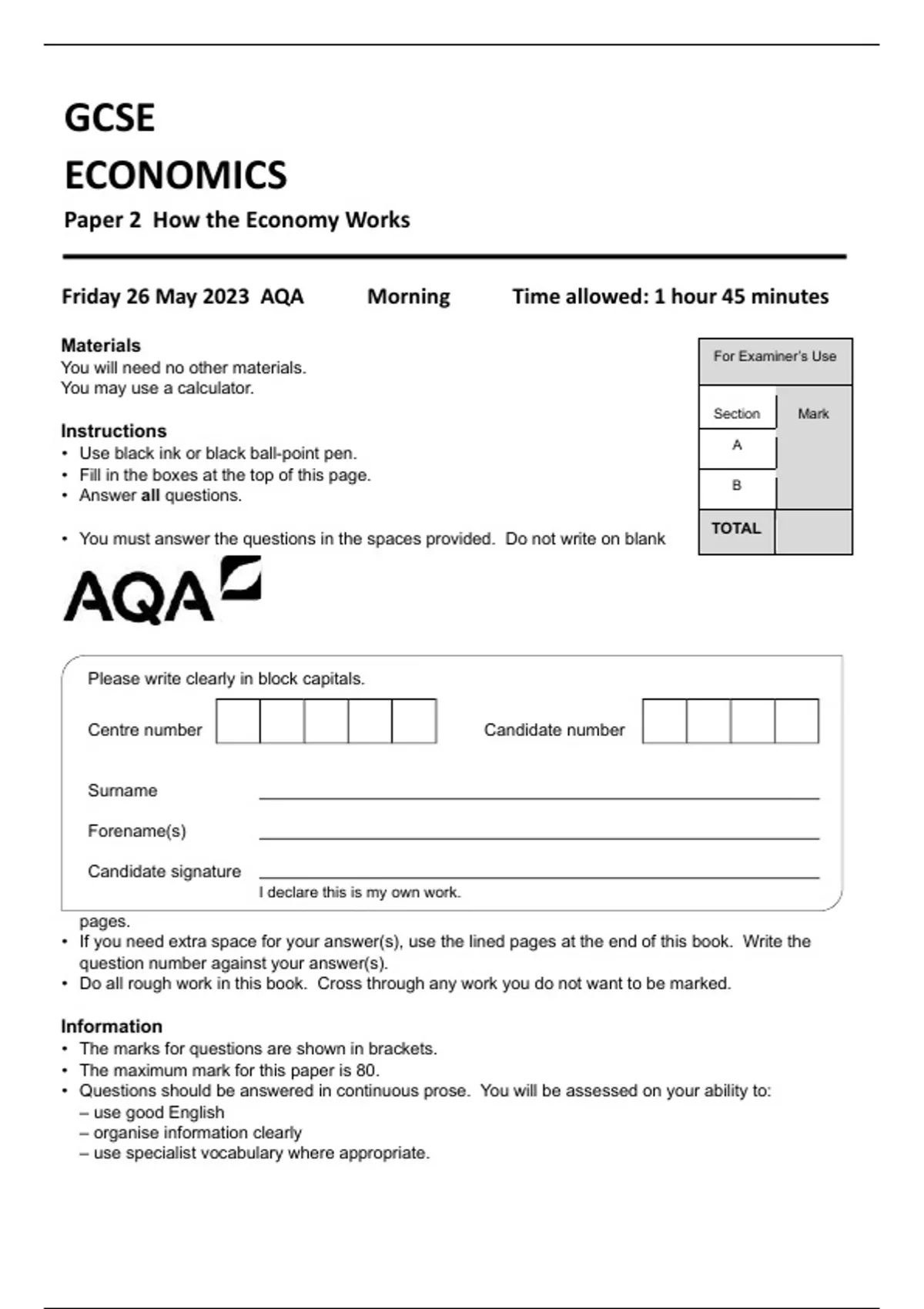 AQA GCSE ECONOMICS Paper 2 How the Economy Works 2023 - Economics ...