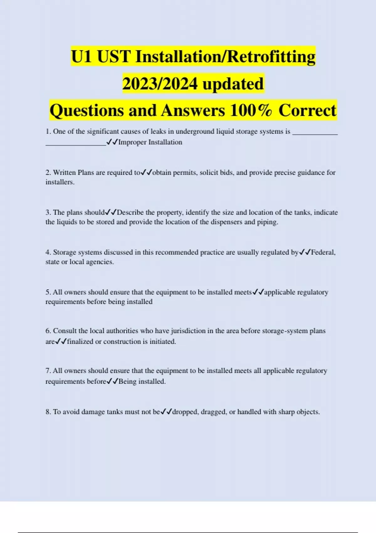 U1 UST Installation/Retrofitting 2023/2024 updated Questions and ...