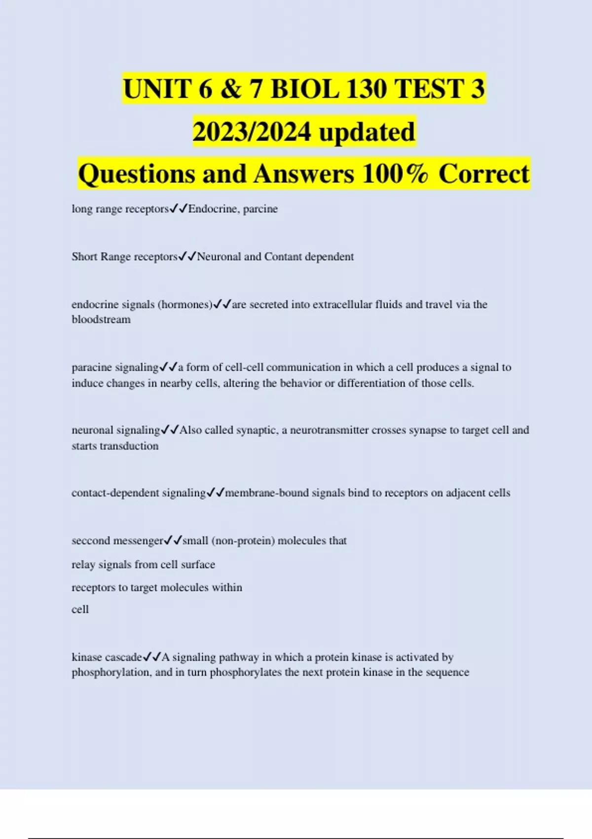 UNIT 6 & 7 BIOL 130 TEST 3 2023/2024 updated Questions and Answers 100% ...