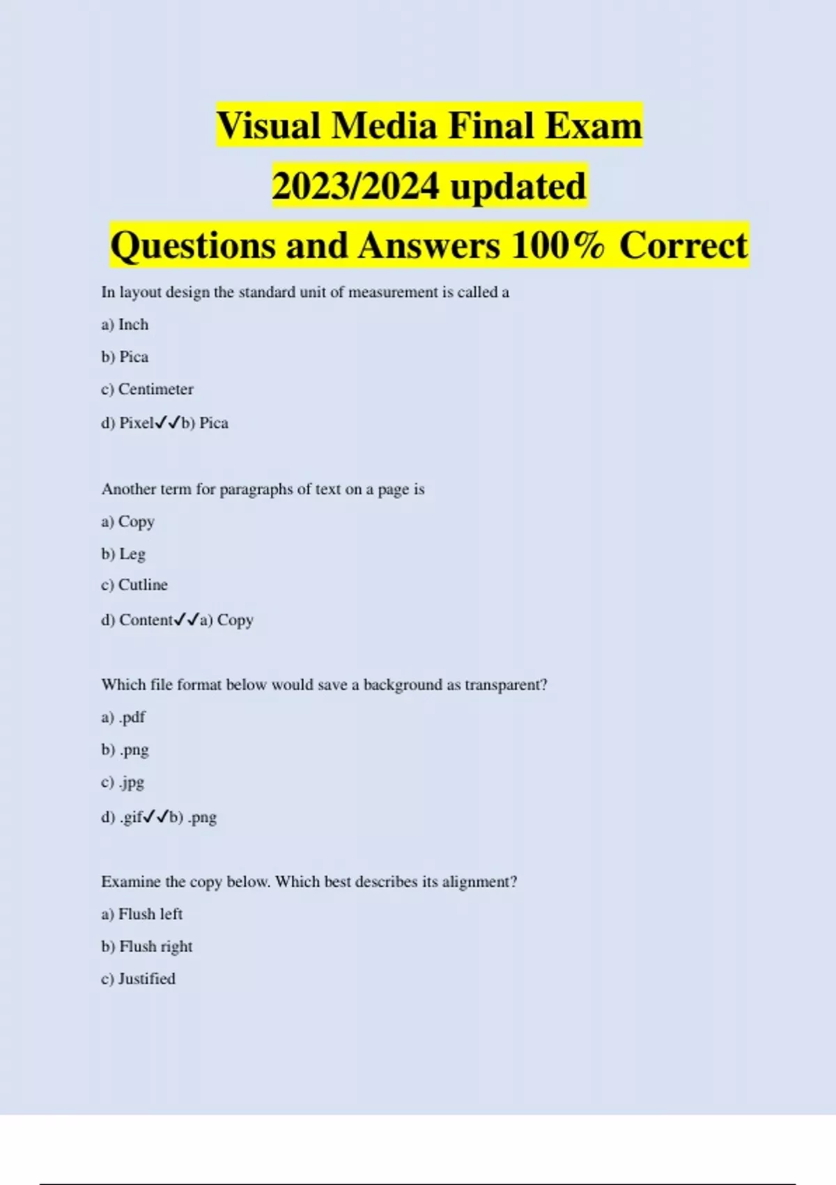 Visual Media Final Exam 2023/2024 updated Questions and Answers 100% ...