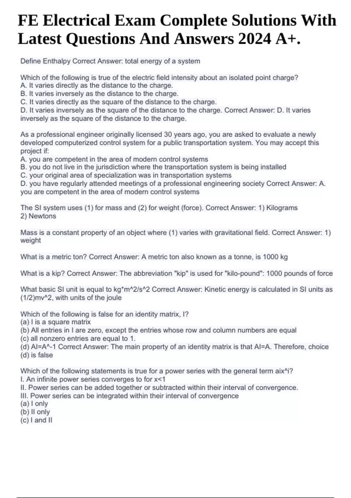 FE Electrical Exam Complete Solutions With Latest Questions And Answers ...