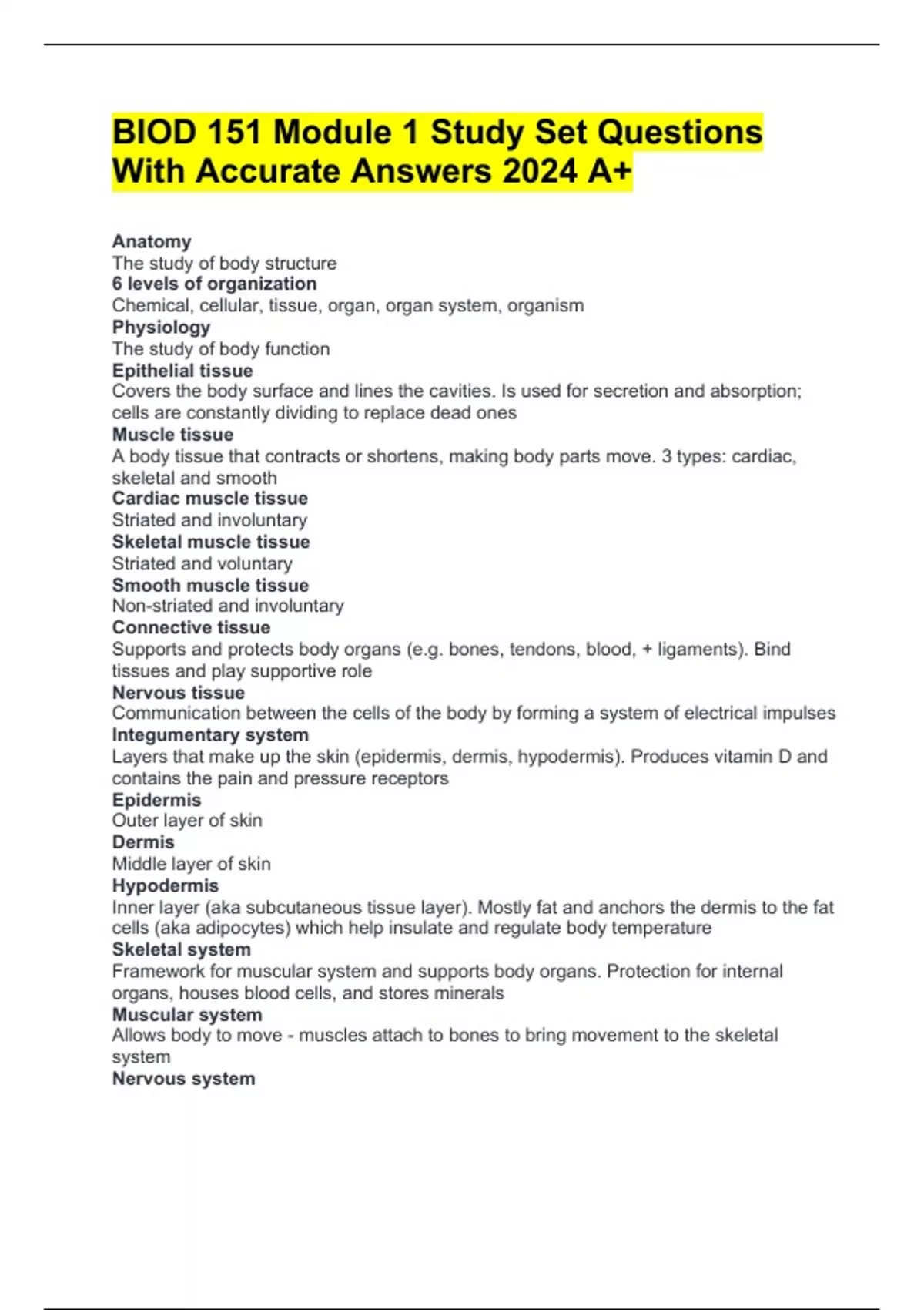 BIOD 151 Module 1 Study Set Questions With Accurate Answers 2024 A+ ...