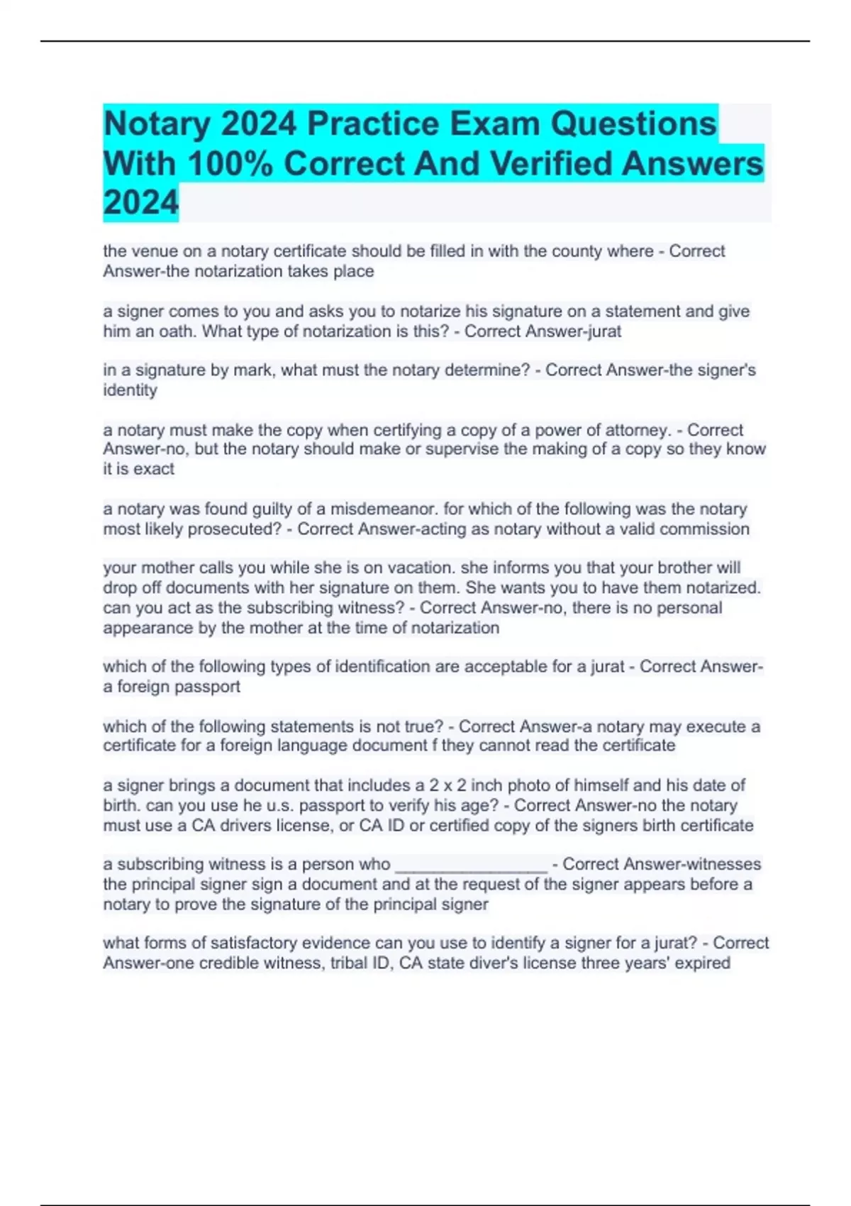 Notary 2024 Practice Exam Questions With 100 Correct And Verified Notary 2024 Practice Exam Questions With 100 Correct And Verified
