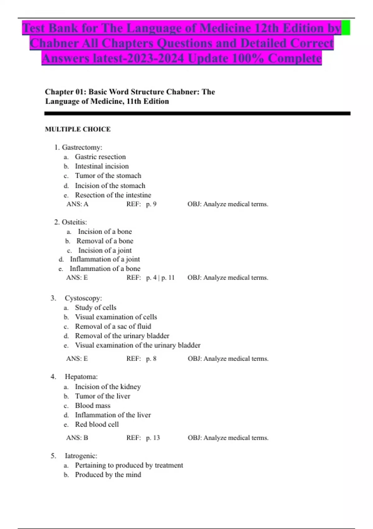 Test Bank for The Language of Medicine 12th Edition by Chabner All ...
