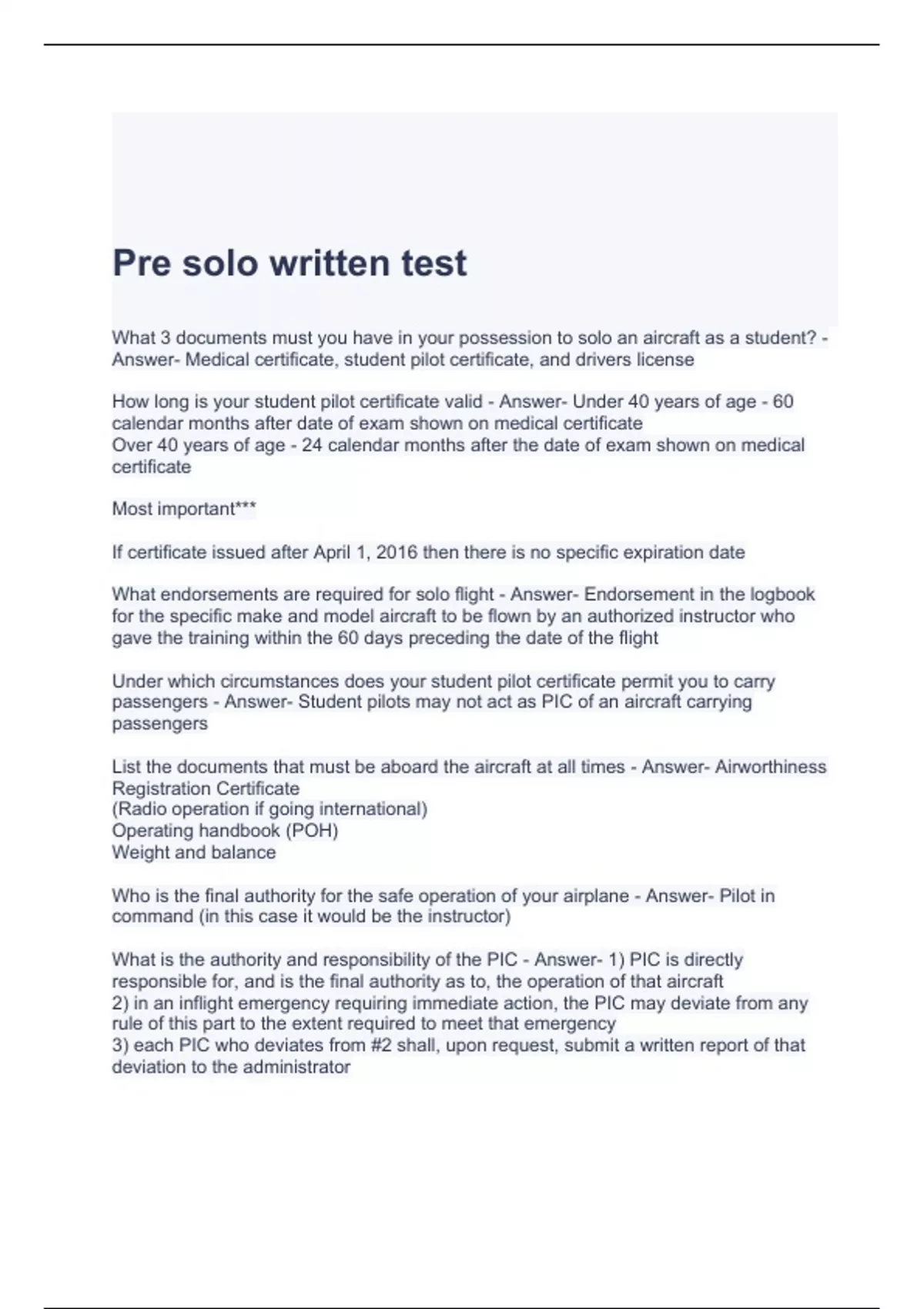 Pre solo written test with complete solutions - Pre-Solo - Stuvia US