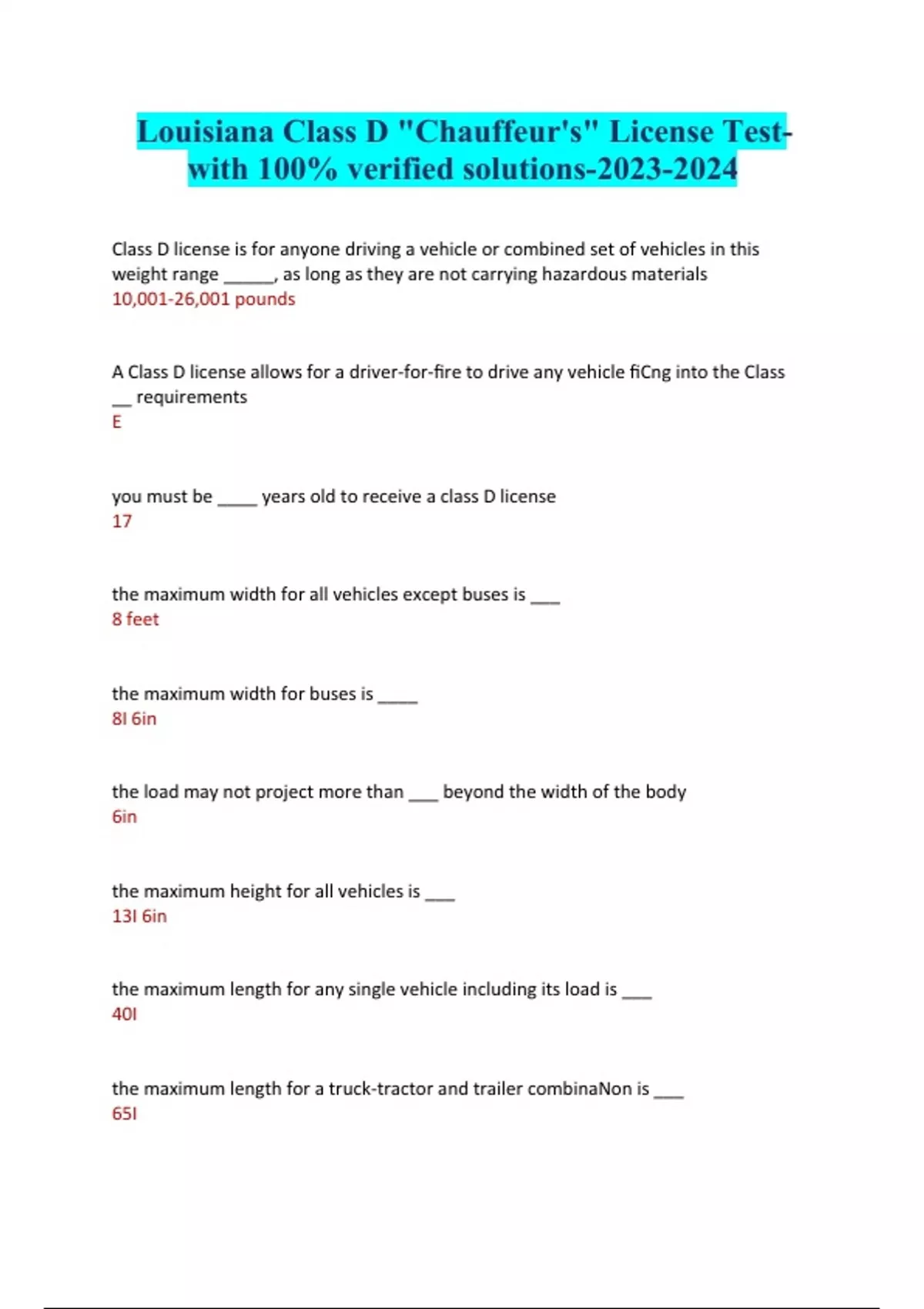 Louisiana Class D "Chauffeur's" License Test with 100% verified ...