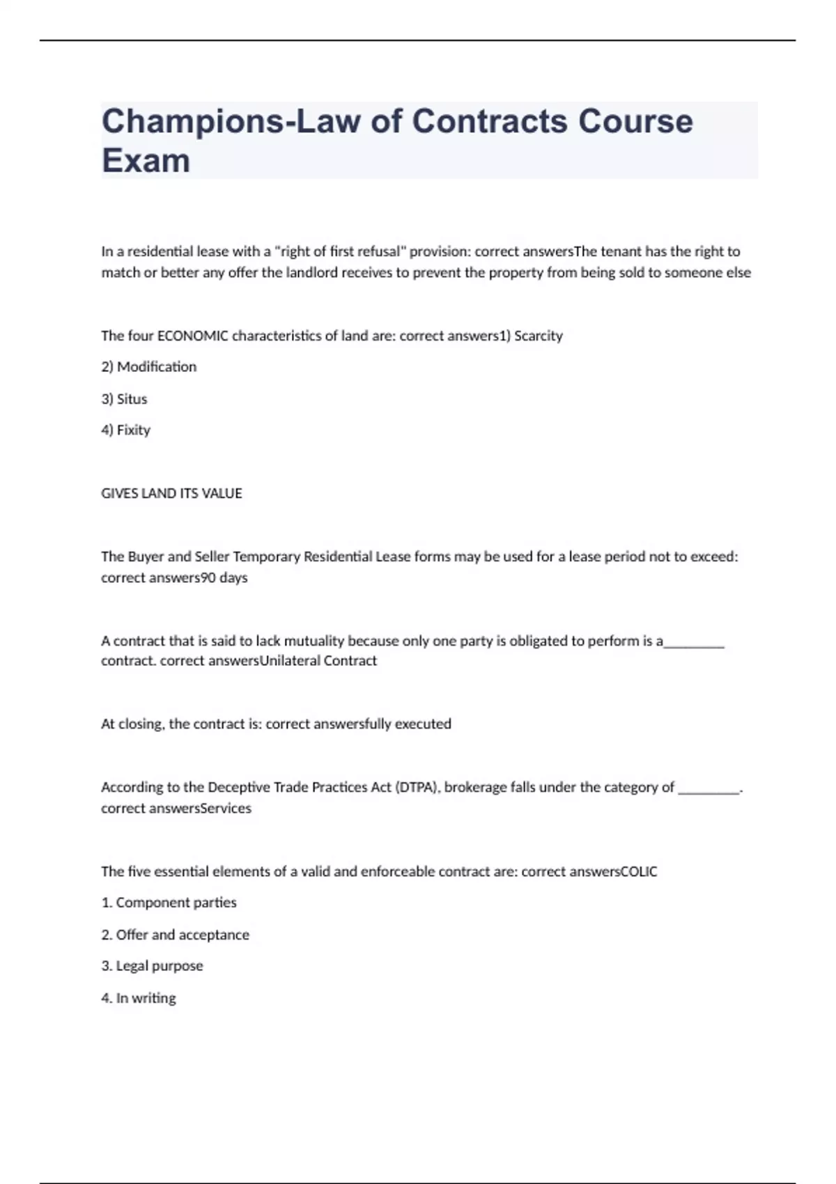 Champions-Law of Contracts Course Exam 2024 with 100% complete ...