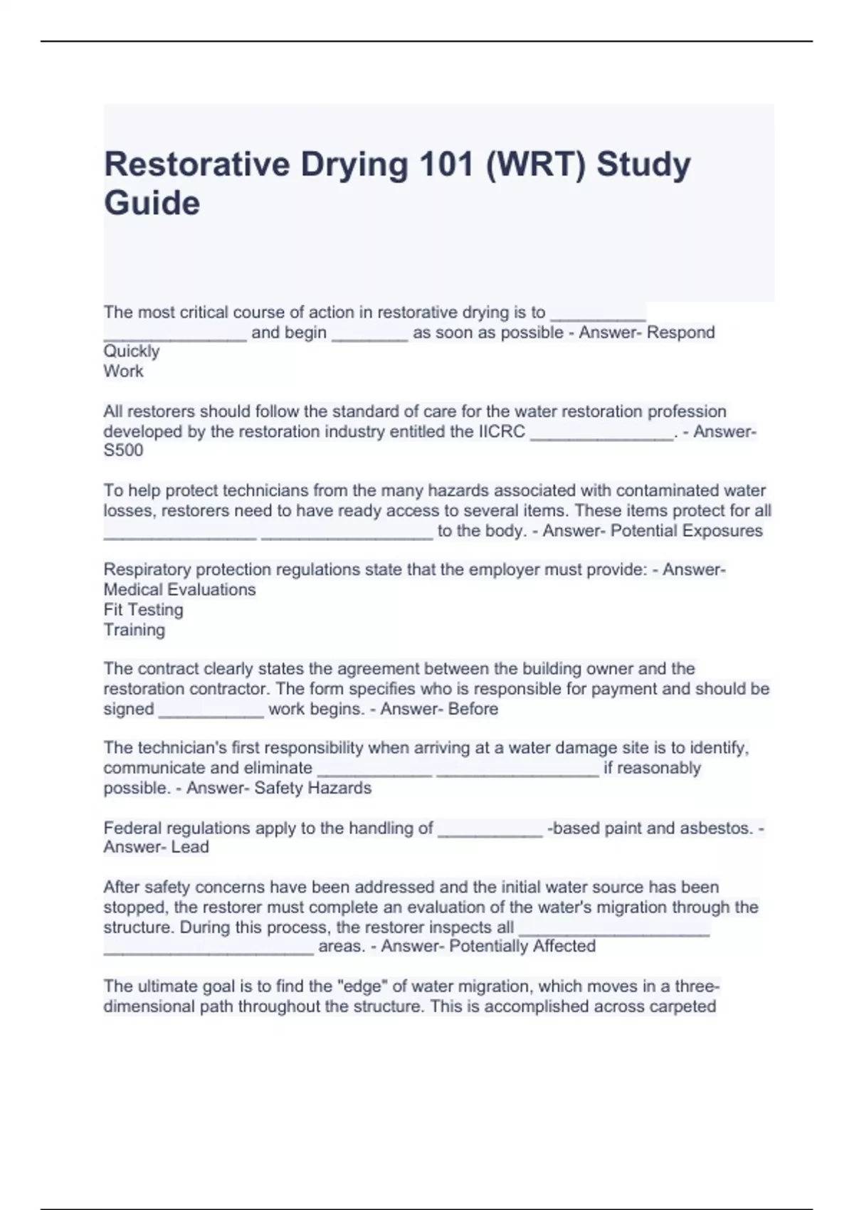 Restorative Drying 101 (WRT) Study Guide with complete solutions - WRT ...