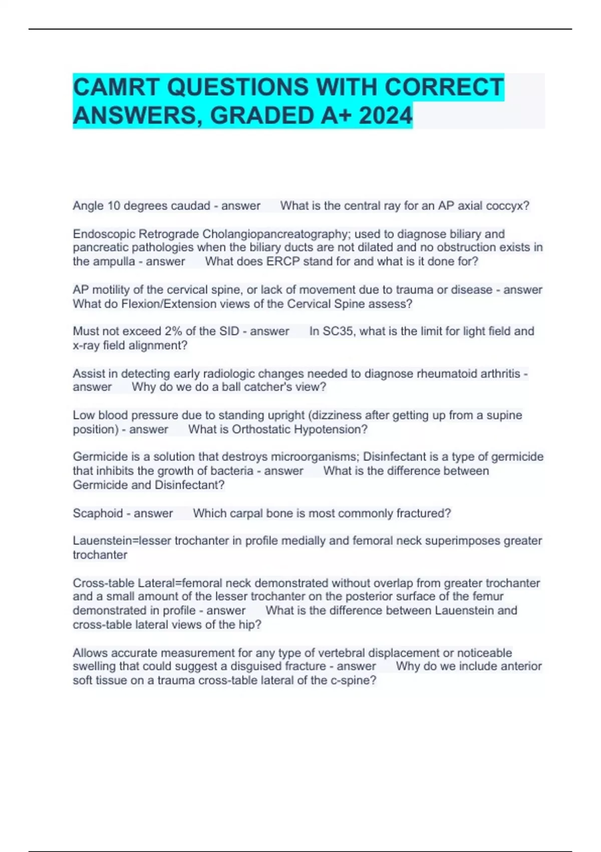 CAMRT QUESTIONS WITH CORRECT ANSWERS, GRADED A+ 2024 - CAMRT - Stuvia UK