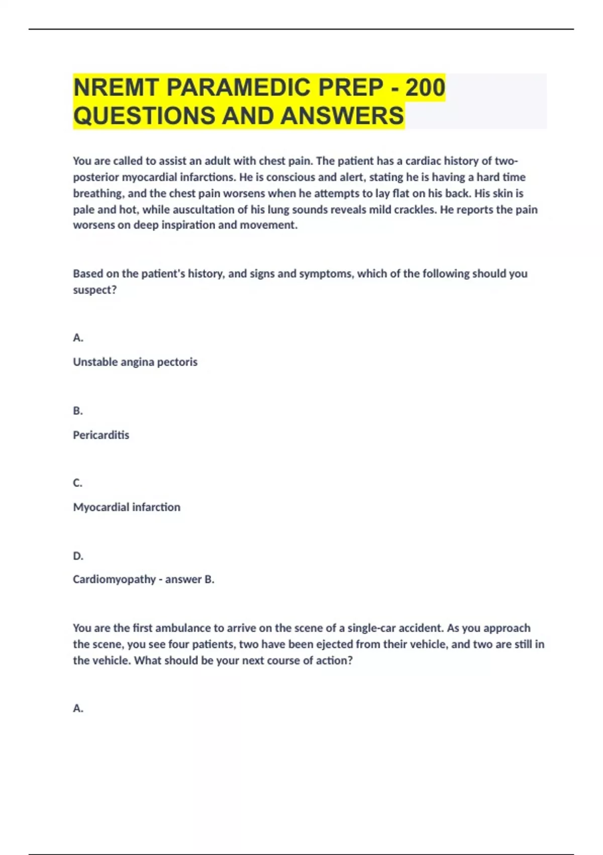 NREMT PARAMEDIC PREP - 200 QUESTIONS AND ANSWERS - EMT-P - Emergency ...