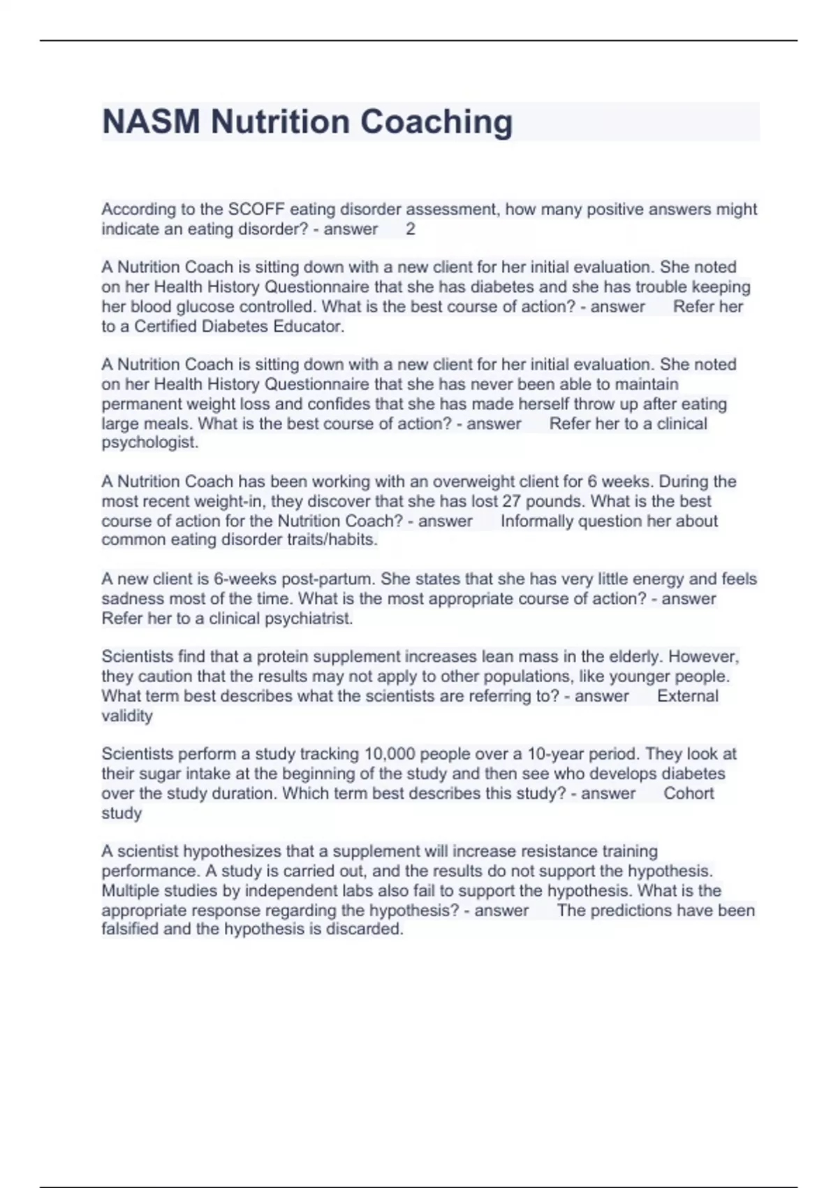 NASM Nutrition Coaching Questions with solutions 2024 - NASM Nutrition ...