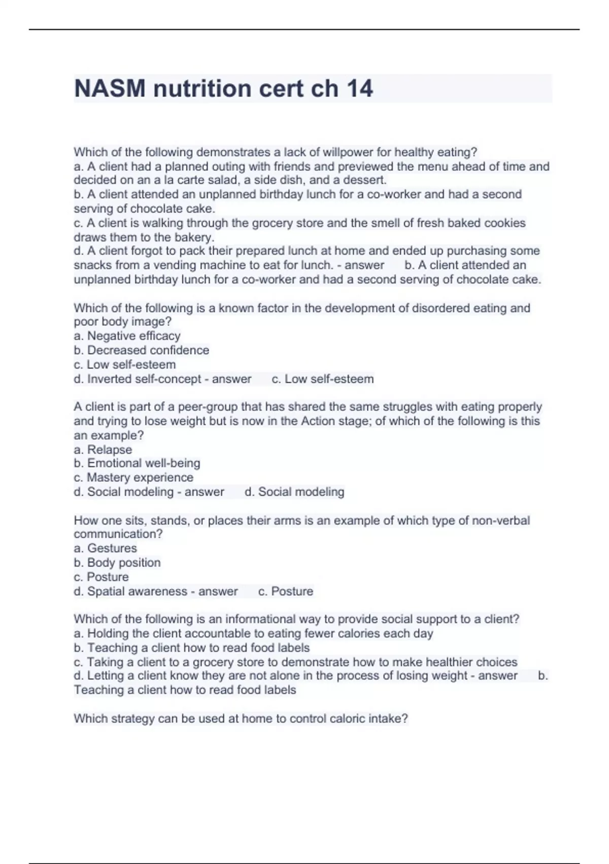 NASM nutrition cert ch 14 Questions with correct Answers 2024 - NASM ...