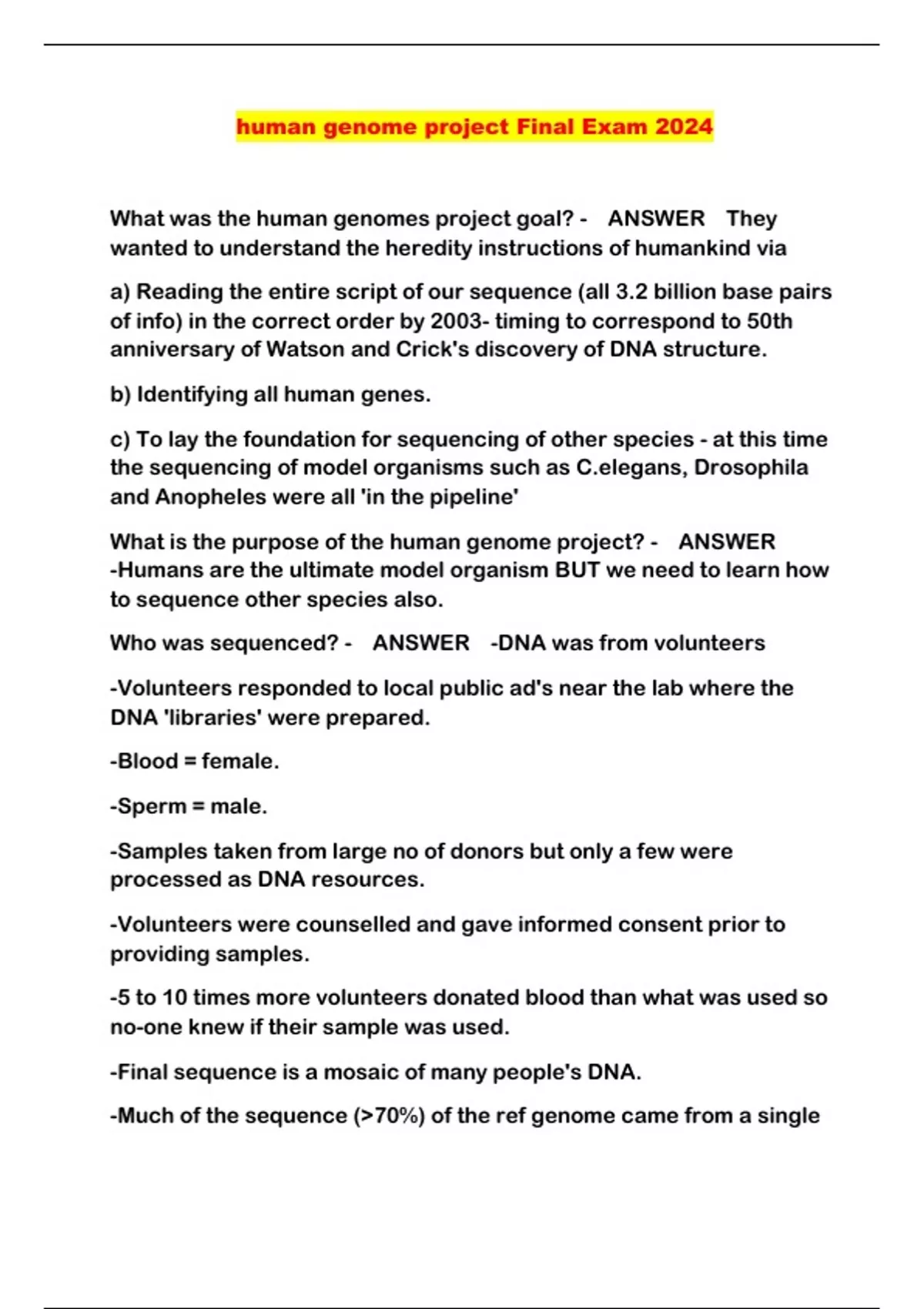 The human genome project Final Exam 2024 - The human genome project ...