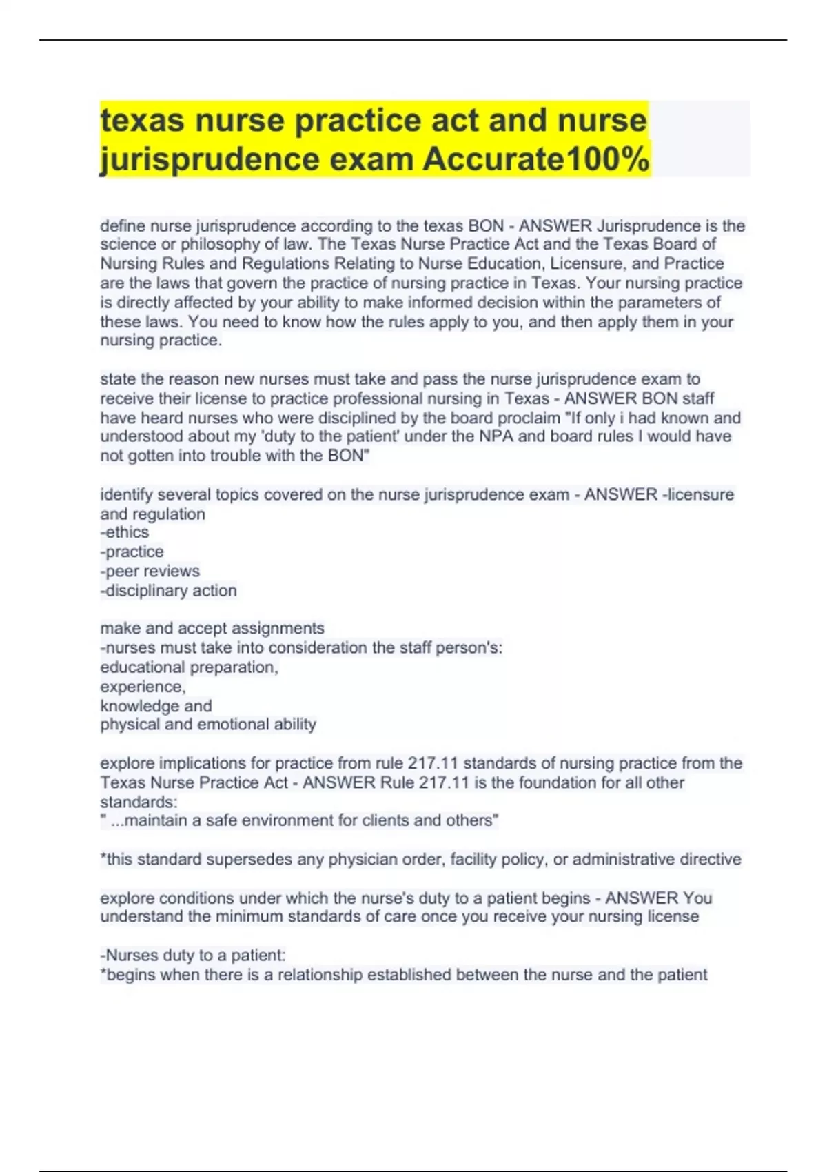 texas nurse practice act and nurse jurisprudence exam Accurate100 ...