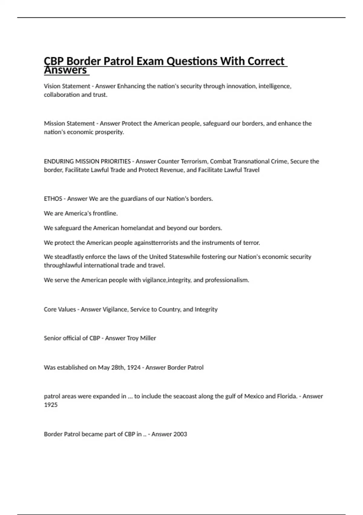 CBP Border Patrol Exam Questions With Correct Answers - CBP Border ...