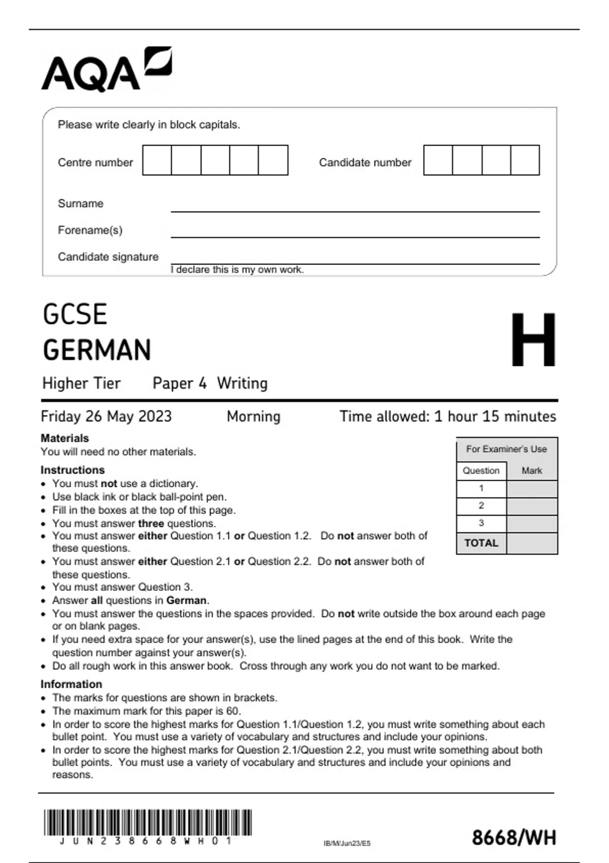 GCSE AQA May 2024 Higher German Paper 4 Writing - Modern foreign ...
