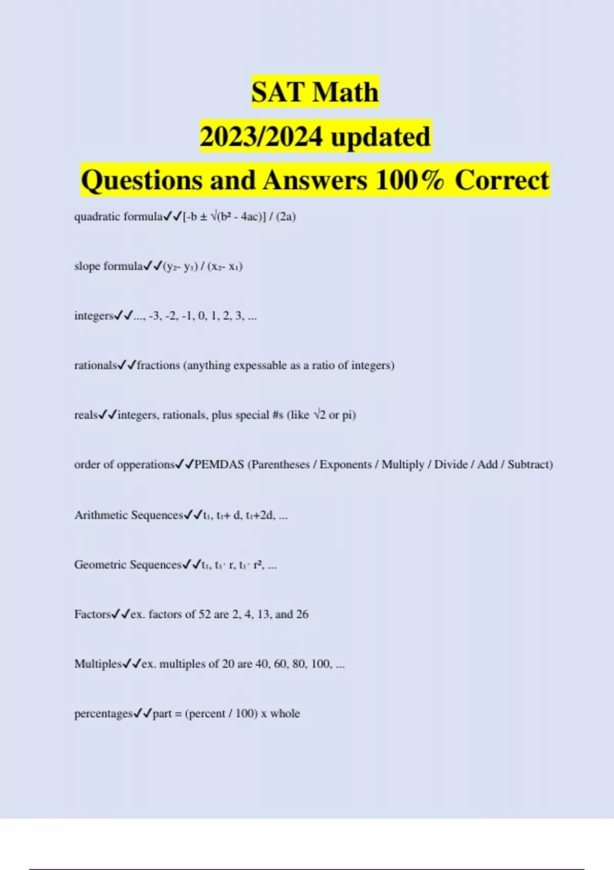 SAT Math 2023/2024 updated Questions and Answers 100% Correct - SAT ...