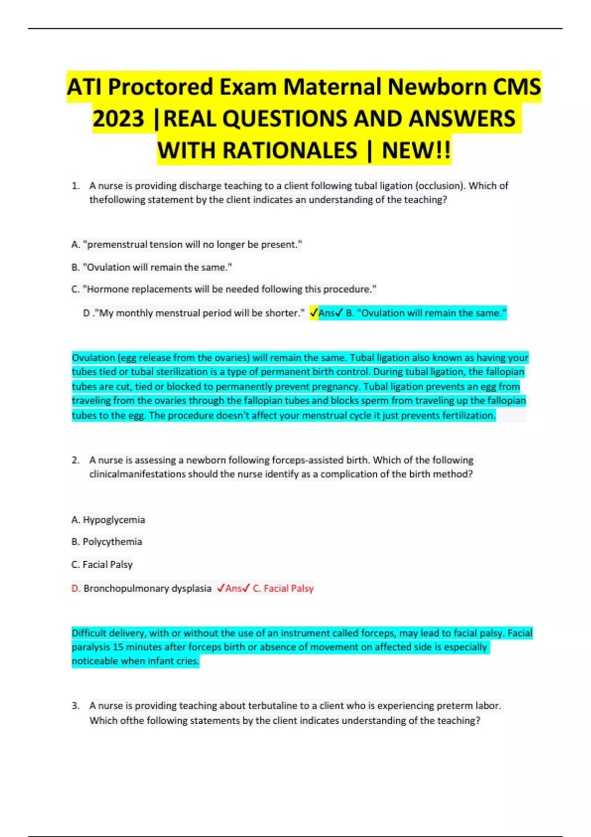 ATI Proctored Exam Maternal Newborn CMS 2023 |REAL QUESTIONS AND ANSWERS WITH RATIONALES | NEW ...