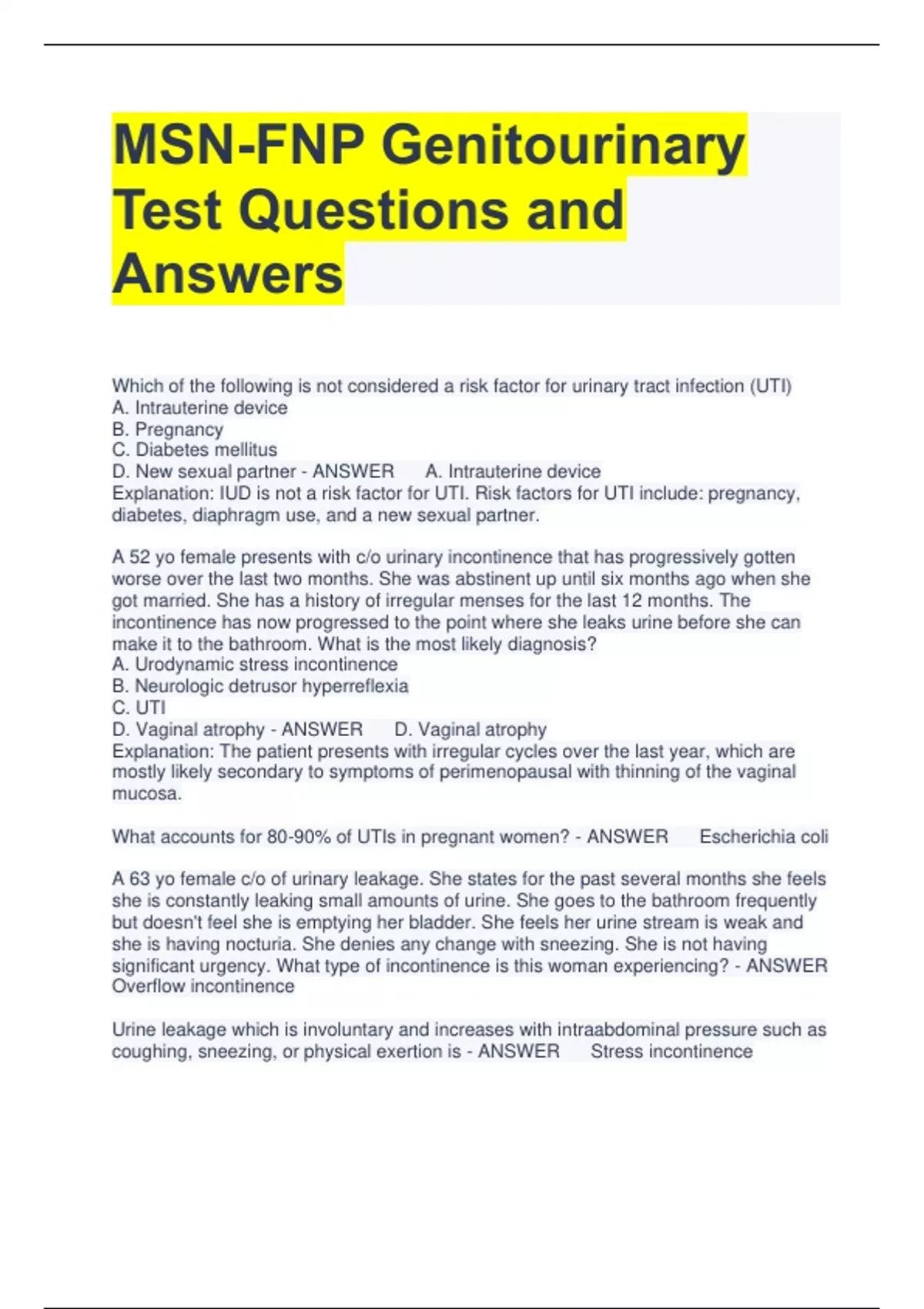 MSN-FNP Genitourinary Test Questions and Answers - MSN-FNP ...