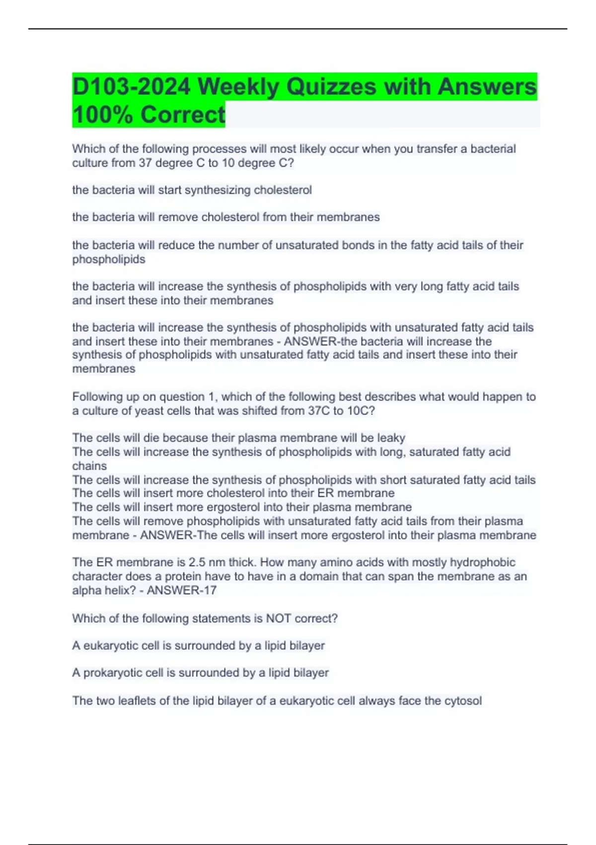 D103-2024 Weekly Quizzes with Answers 100% Correct - D103 - Stuvia US