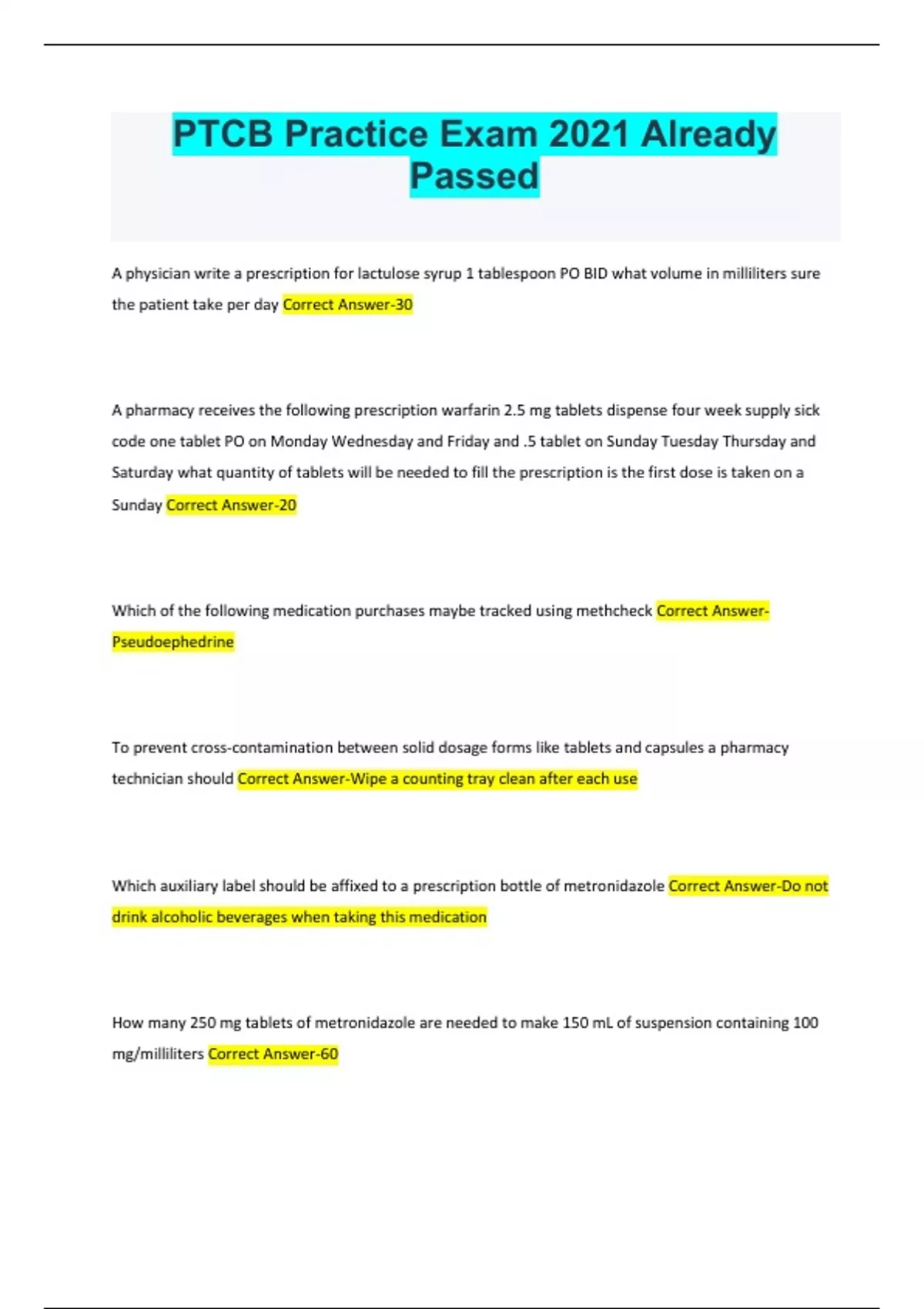 PTCB Practice Exam 2021 Already Passed - PTCB - Stuvia US