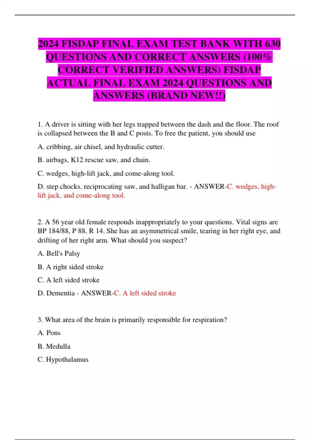 2024 FISDAP FINAL EXAM TEST BANK WITH 630 QUESTIONS AND CORRECT ANSWERS ...