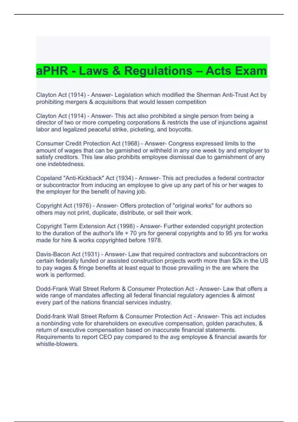 aPHR - Laws & Regulations – Acts Exam Questions and Answers - APHR ...
