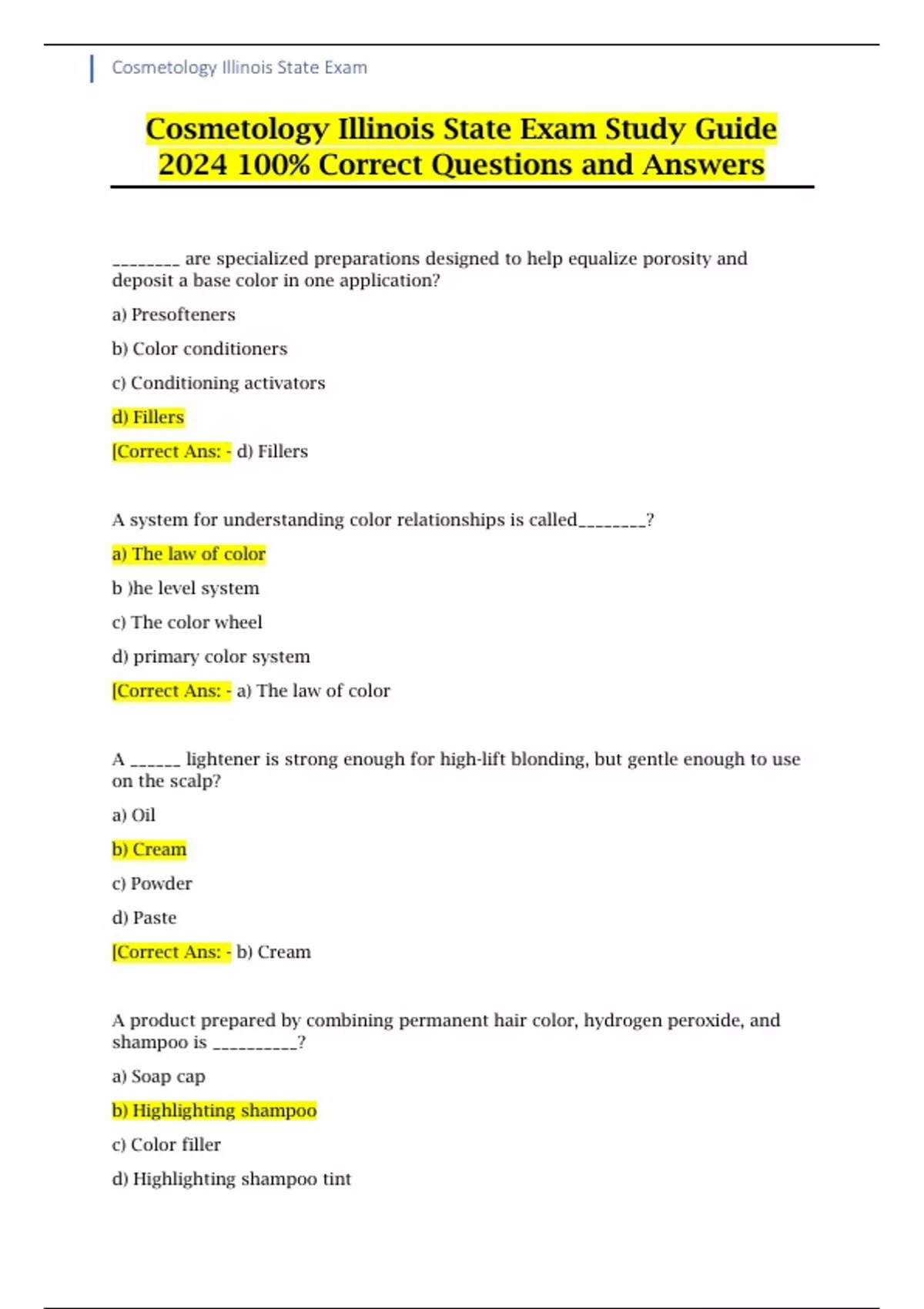 Cosmetology Illinois State Exam Study Guide 2024 100% Correct Questions ...