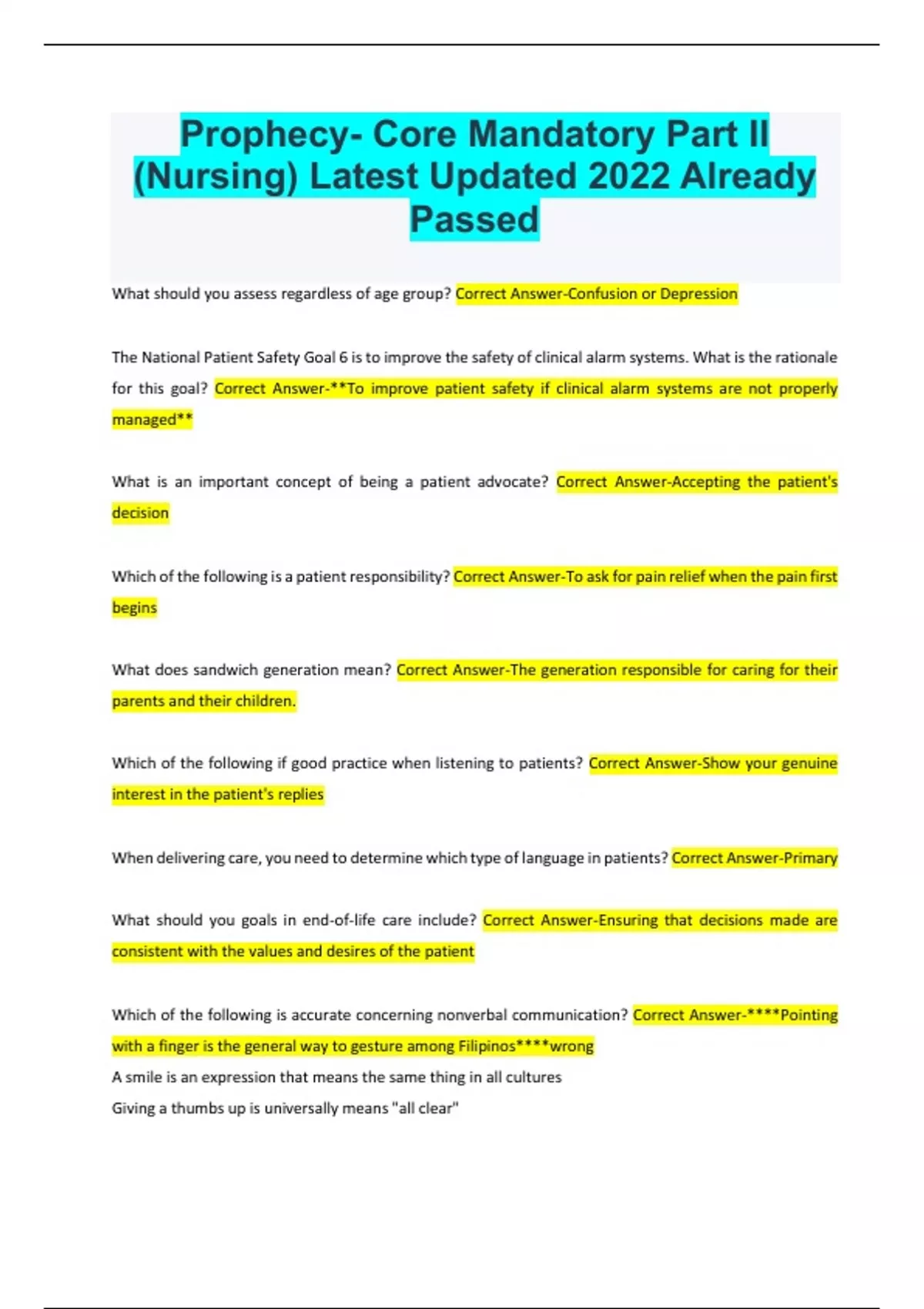Prophecy- Core Mandatory Part II (Nursing) Latest Updated 2022 Already ...