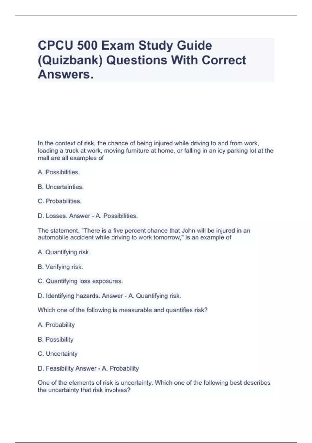 CPCU 500 Exam Study Guide (Quizbank) Questions With Correct Answers ...