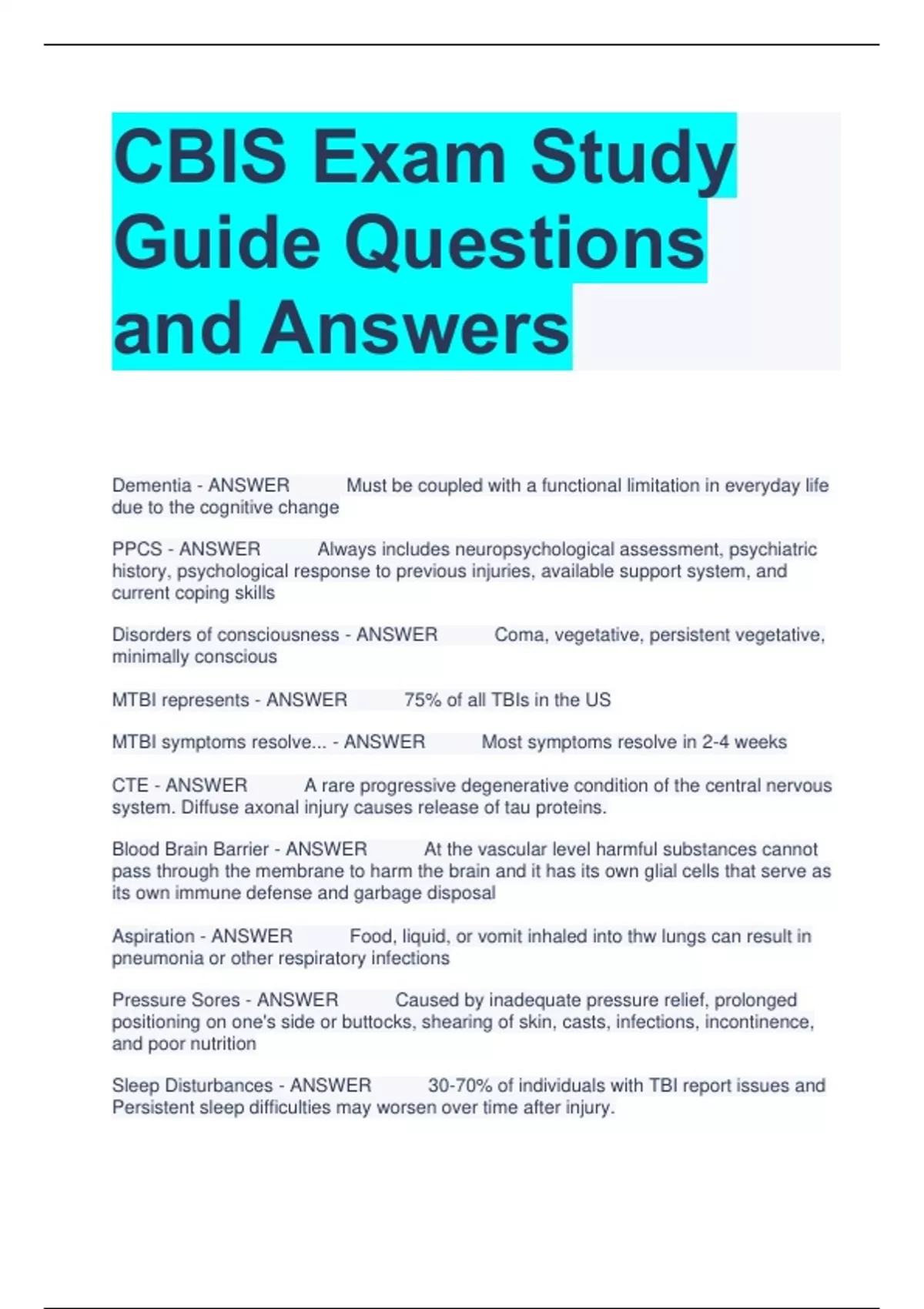 Bundle For CBIS EXAM Questions with Correct Answers - Stuvia US